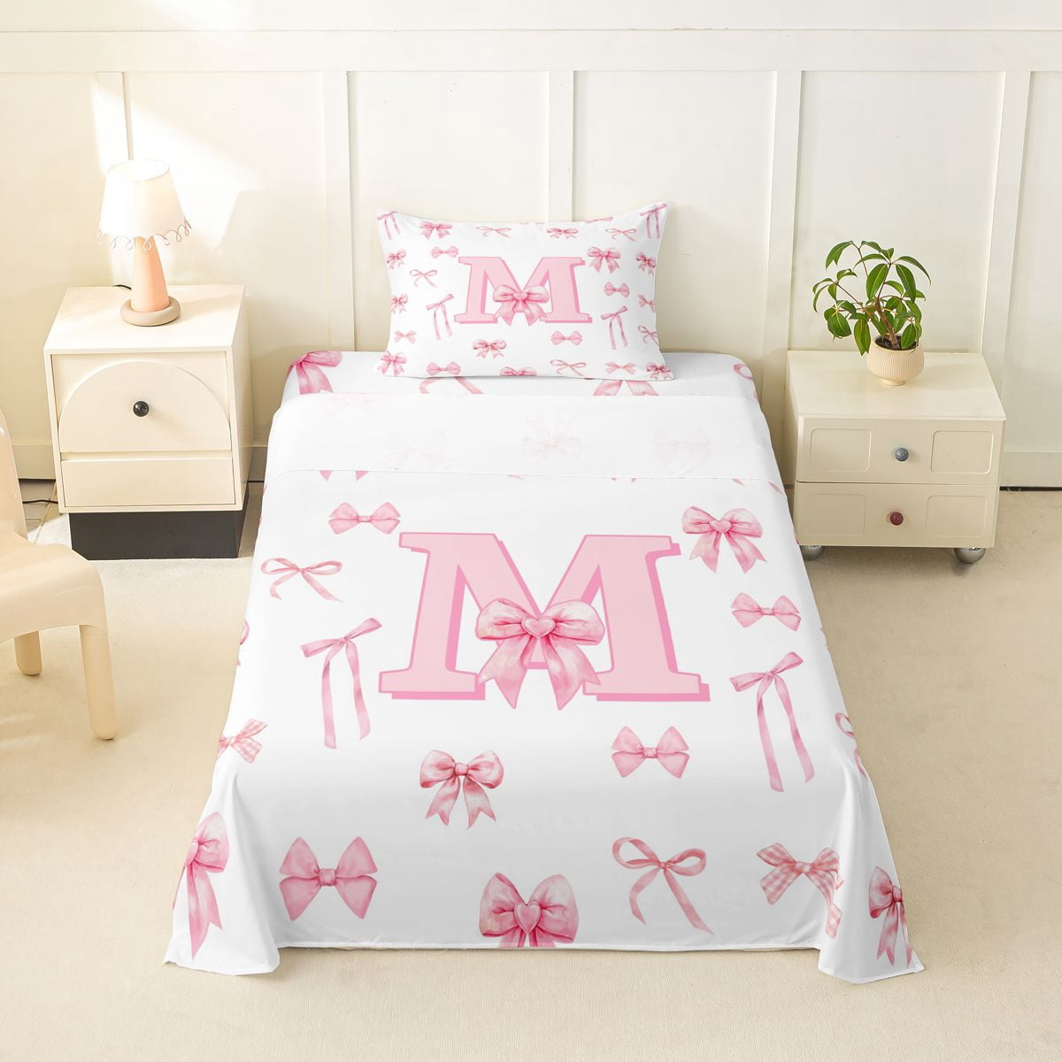 Castle Fairy Pink Bow Letter M Twin Sheet Sets 3pcs for Girls,Ribbon ...
