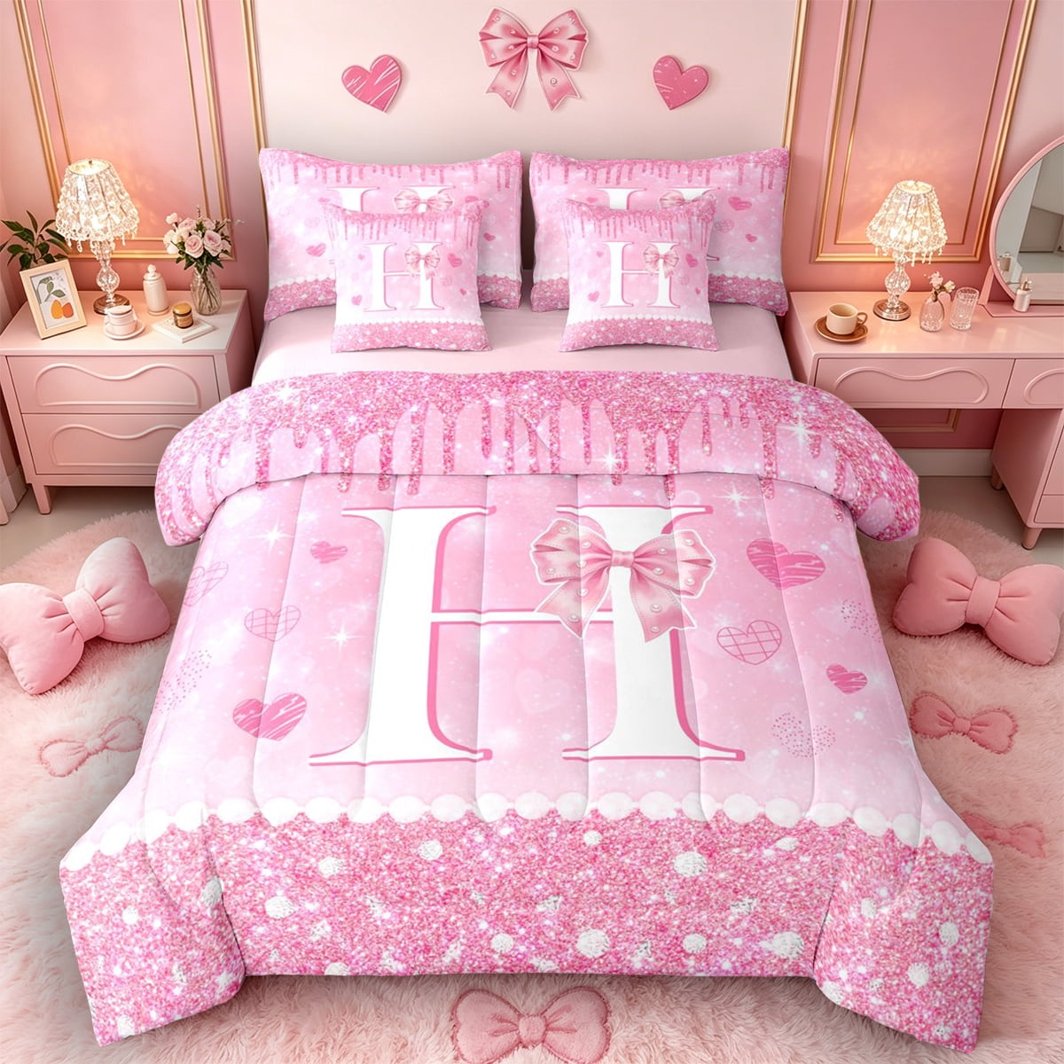 Castle Fairy Pink Glitter Letter H Bedding Comforter Set 7 Pieces for ...