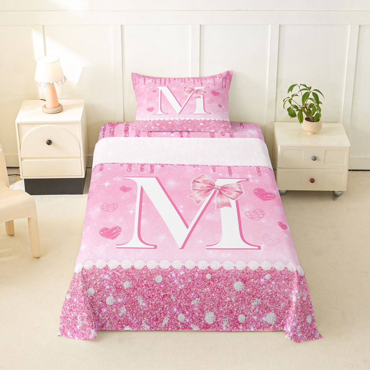 Castle Fairy Pink Glitter Letter M Twin Sheet Sets 3pcs for Girls,Love ...