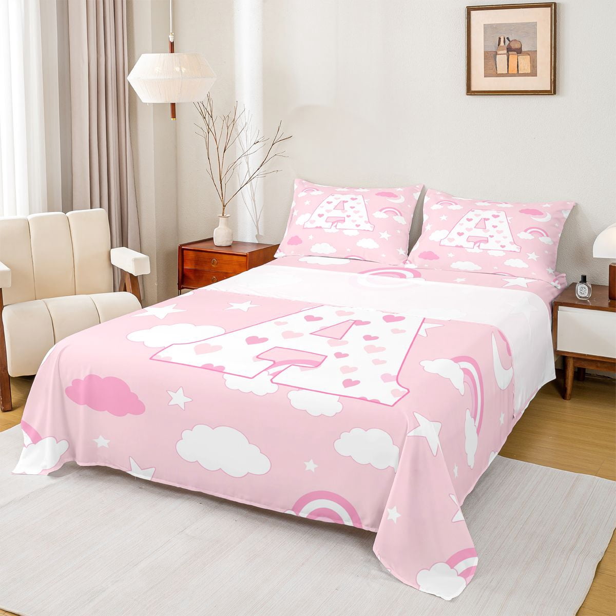 Castle Fairy Pink Rainbow Letter A Queen Sheet Sets 4 Pieces for Girls ...
