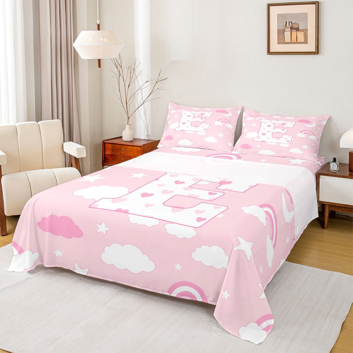 Castle Fairy Pink Rainbow Letter E Queen Sheet Sets 4 Pieces for Girls ...