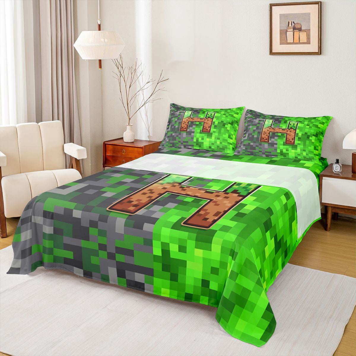 Castle Fairy Pixelated Miners Letter H Queen Sheet Sets 4 Pieces for ...