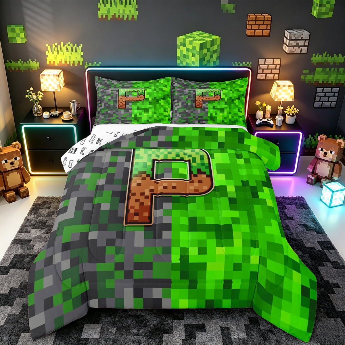 Castle Fairy Pixelated Miners Letter P Full Size Comforter Sets 3 ...