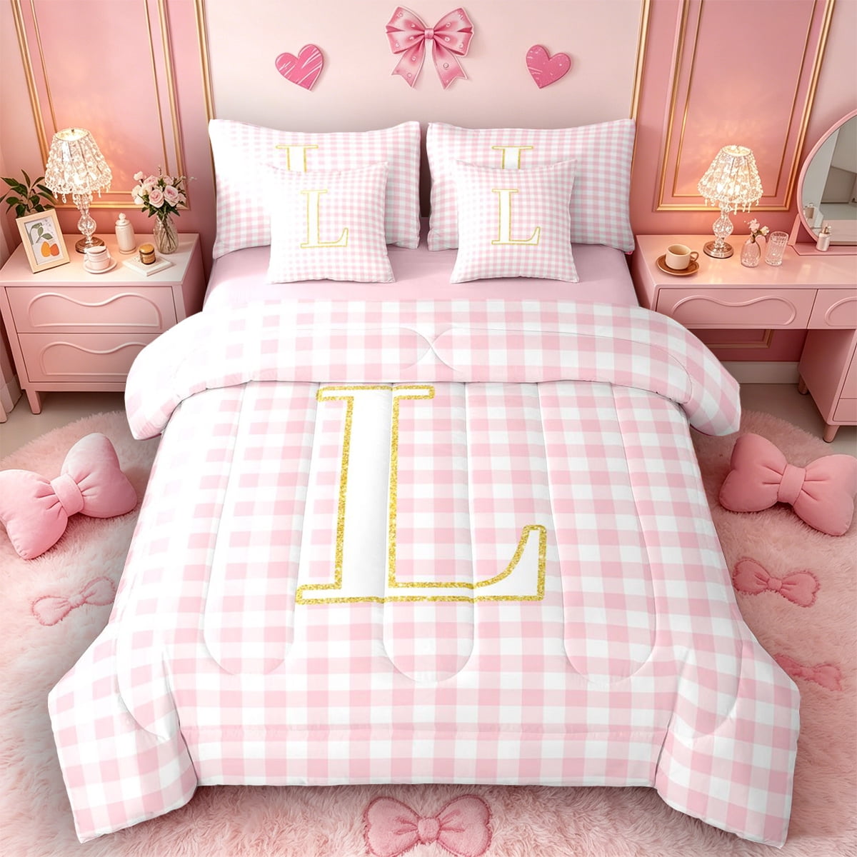 Castle Fairy Plaid Gold Letter L Bedding Comforter Set 7 Pieces for ...