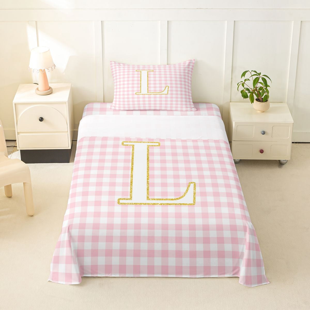 Castle Fairy Plaid Gold Letter L Twin Sheet Sets 3pcs for Girls ...