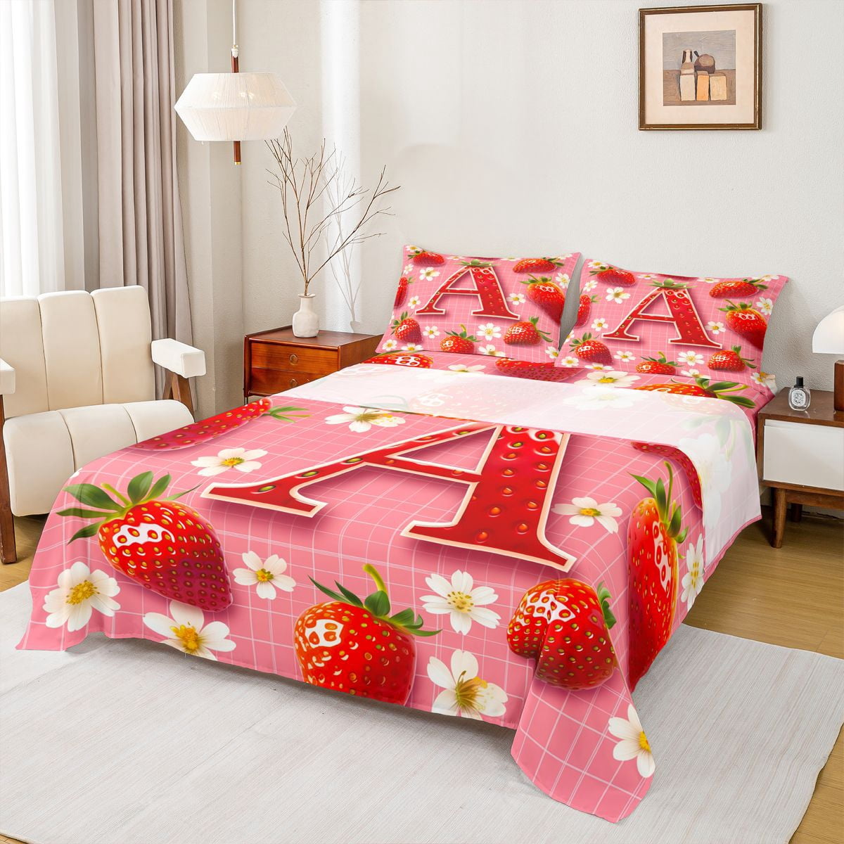 Castle Fairy Strawberry Letter A Queen Sheet Sets 4 Pieces for Kids,Red ...
