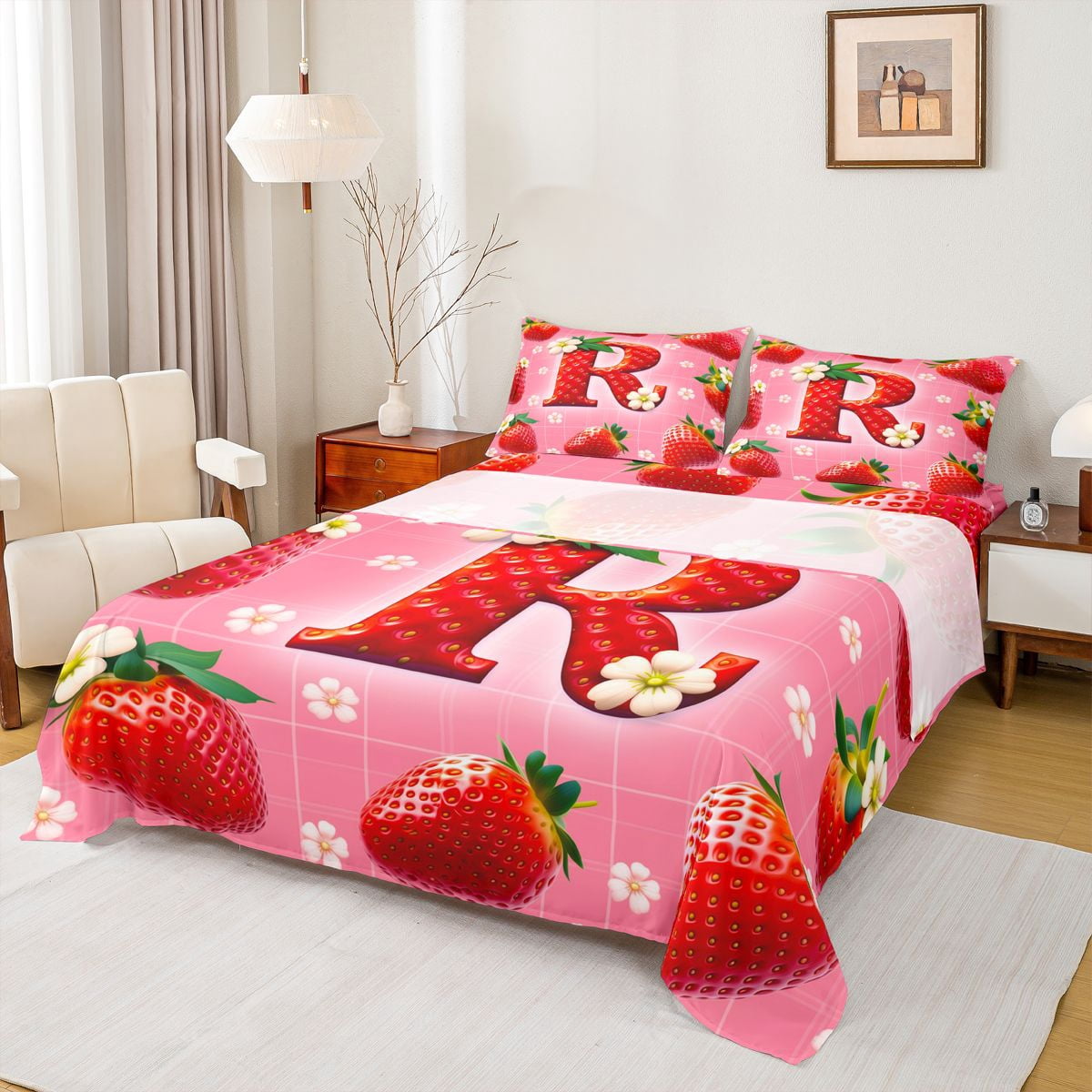 Castle Fairy Strawberry Letter R Queen Sheet Sets 4 Pieces for Kids,Red ...