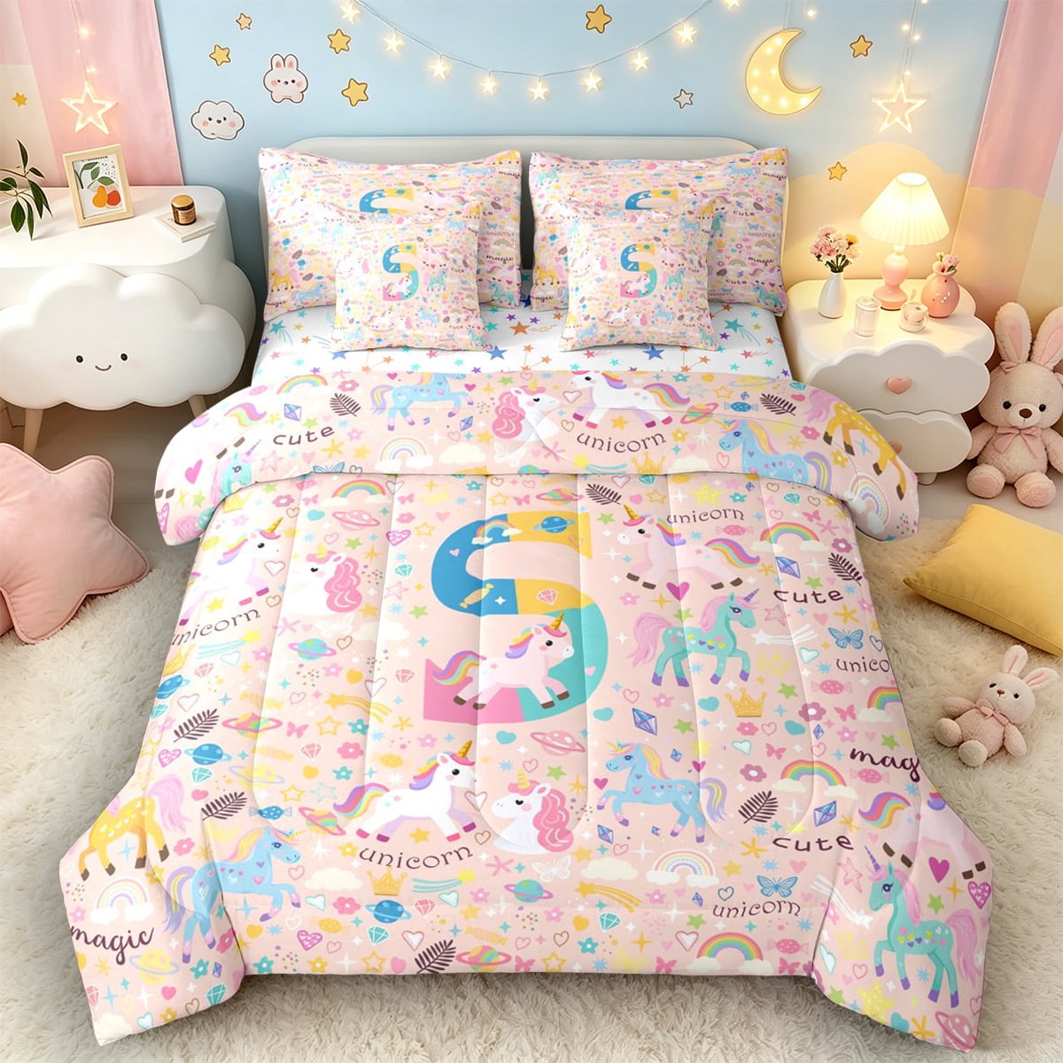 Castle Fairy Unicorn Letter S Twin Bedding Sets 7-Piece for Kids,Kawaii ...