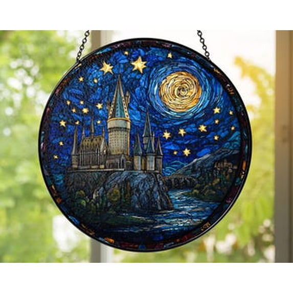 Castle Glass Suncatcher | Starry Night Fantasy Window Hanging ...