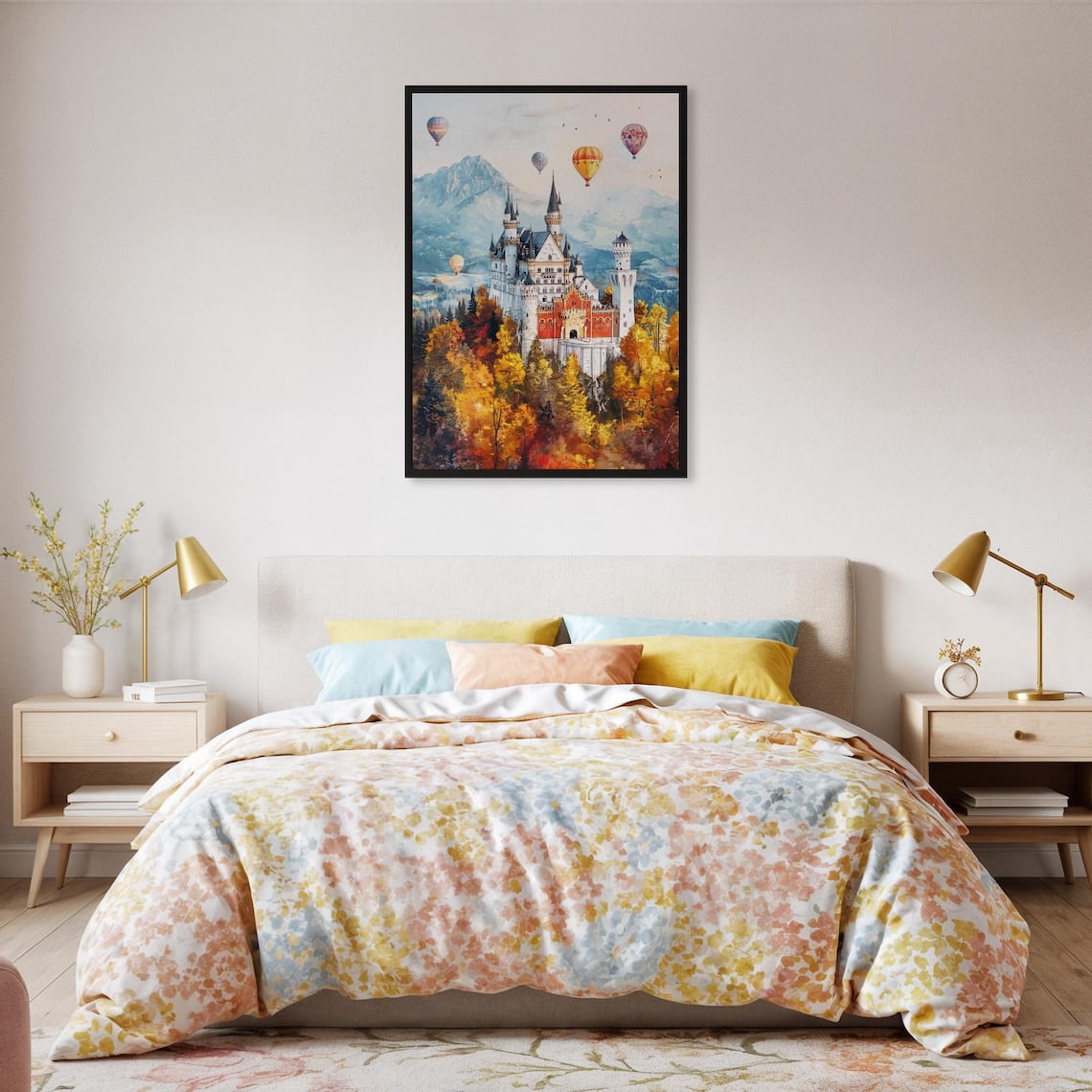 Castle In Autumn Forest Art Poster Hot Air Balloons Mountain Magical ...