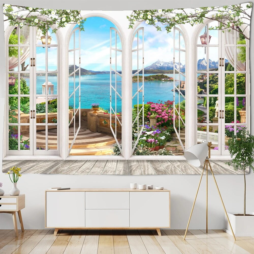 Castle Outside The Window Flowers Wall Hanging Tapestries Boho Tapestry ...