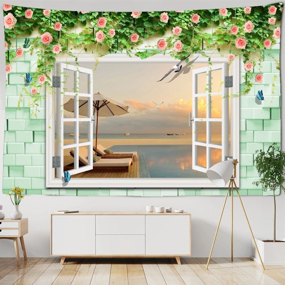 Castle Outside The Window Flowers Wall Hanging Tapestries Boho Tapestry ...
