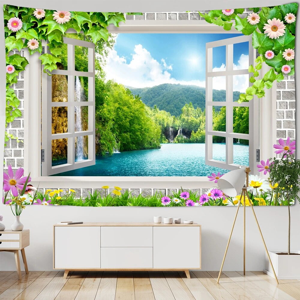 Castle Outside The Window Flowers Wall Hanging Tapestries Boho Tapestry ...
