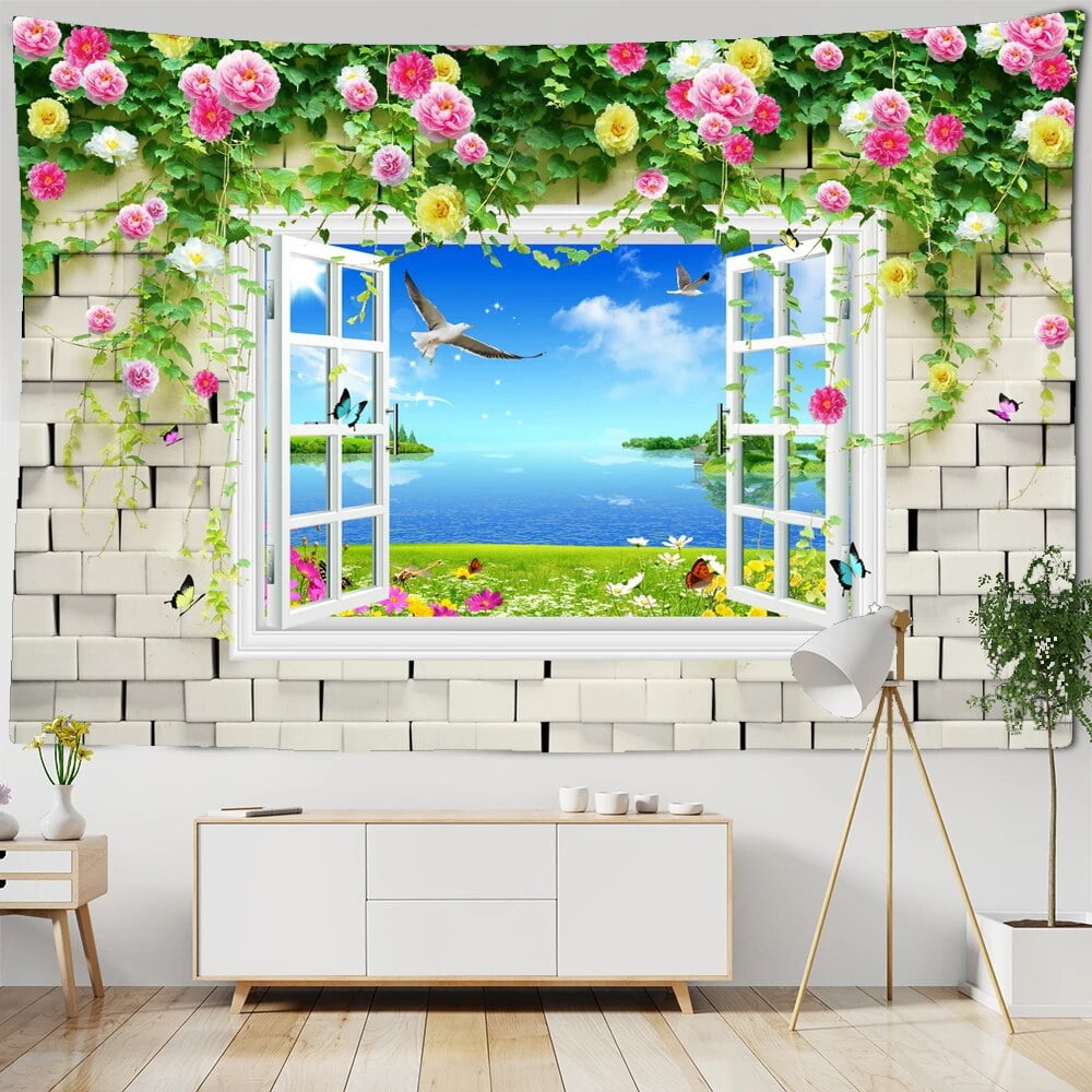 Castle Outside The Window Flowers Wall Hanging Tapestries Boho Tapestry ...
