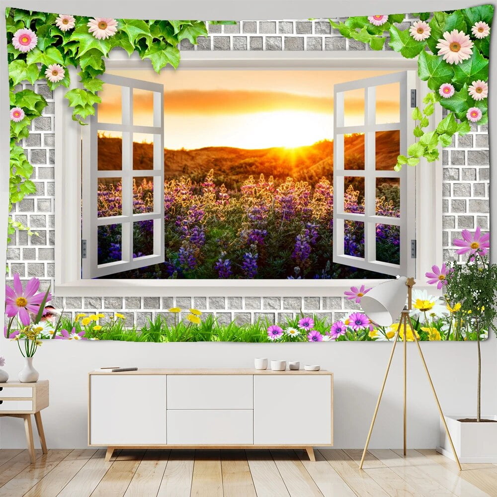 Castle Outside The Window Flowers Wall Hanging Tapestries Boho Tapestry ...