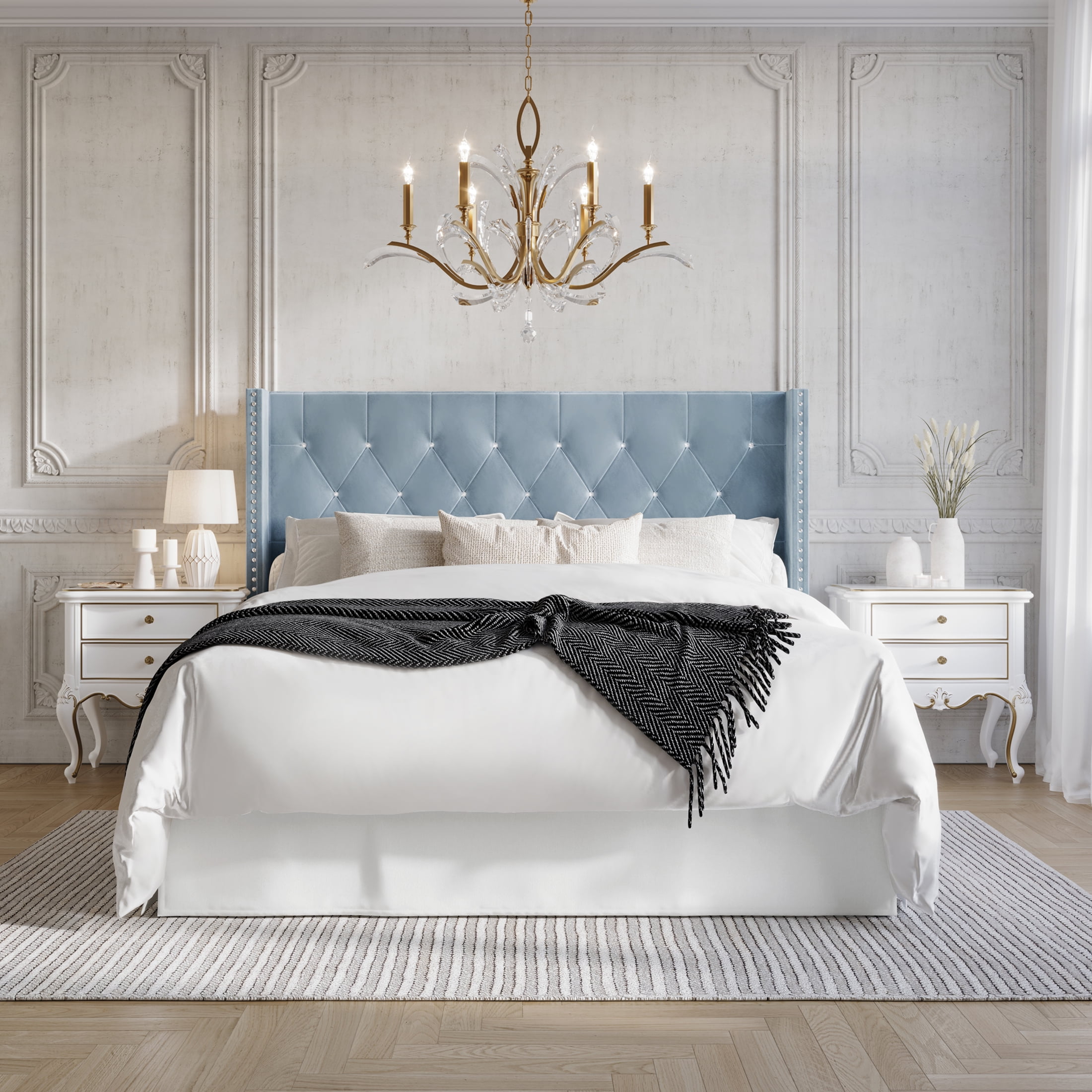 Castle Place Button Tufted Wingback Velvet Upholstered Bed, Light Blue ...