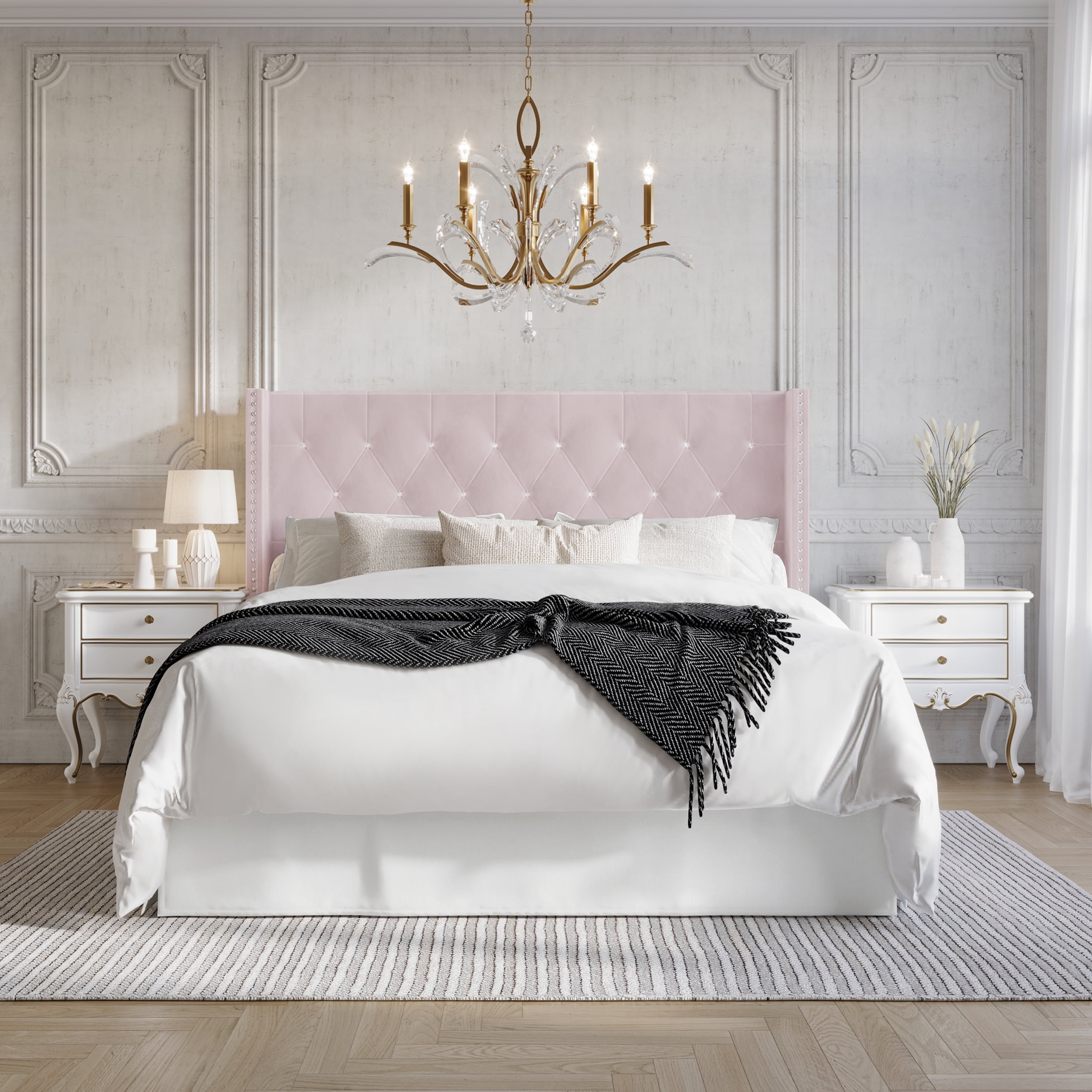 Castle Place Button Tufted Wingback Velvet Upholstered Bed, Light Pink ...