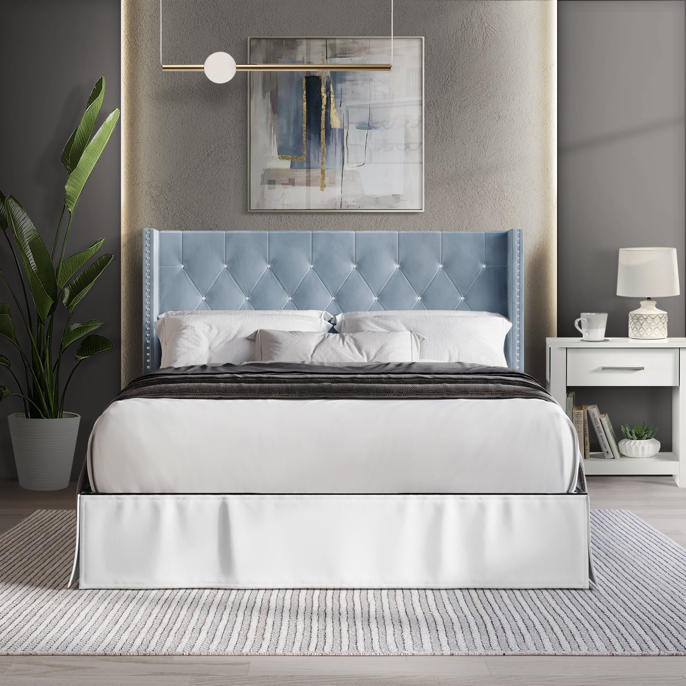 Castle Place Button Tufted Wingback Velvet Upholstered Bed with 2 ...