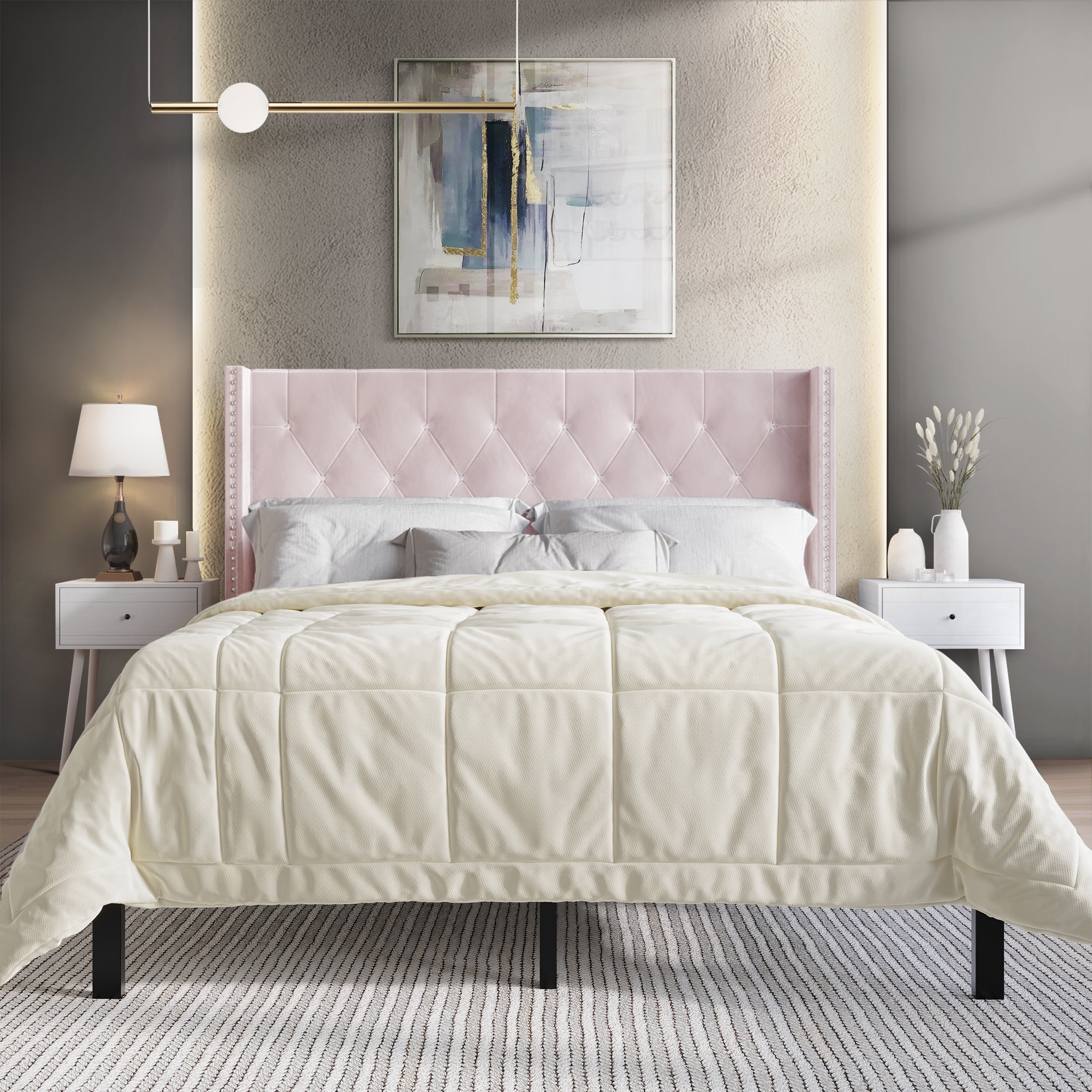 Castle Place Button Tufted Wingback Velvet Upholstered Bed with 2 ...