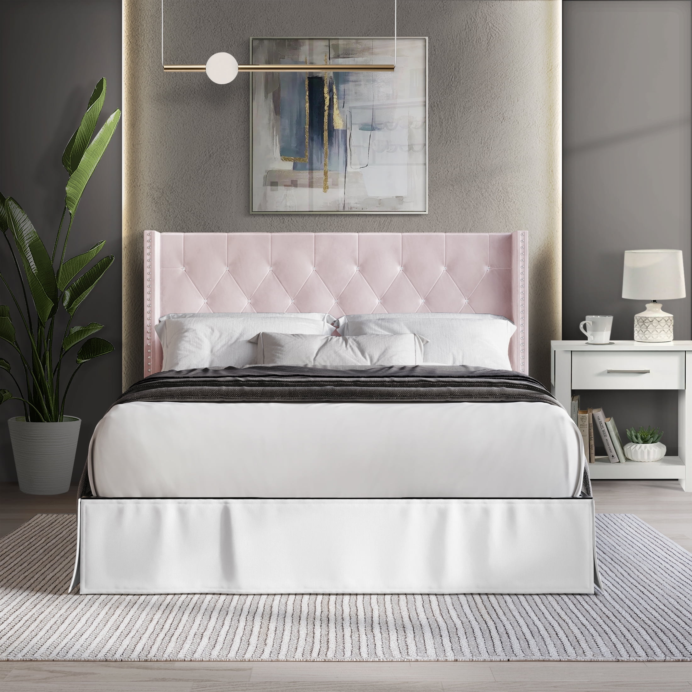 Castle Place Button Tufted Wingback Velvet Upholstered Bed with 2 ...