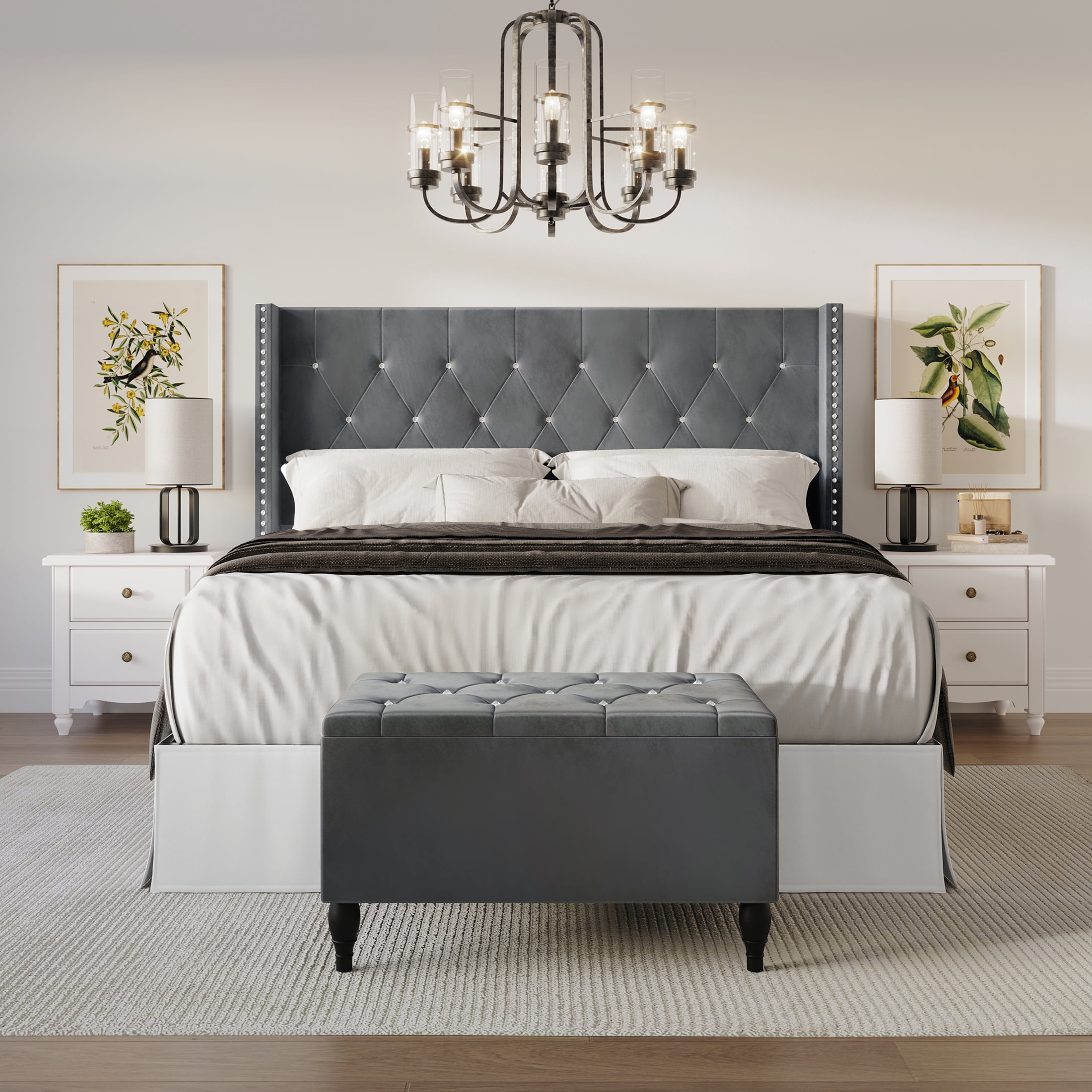 Castle Place Button Tufted Wingback Velvet Upholstered Bed with Storage ...
