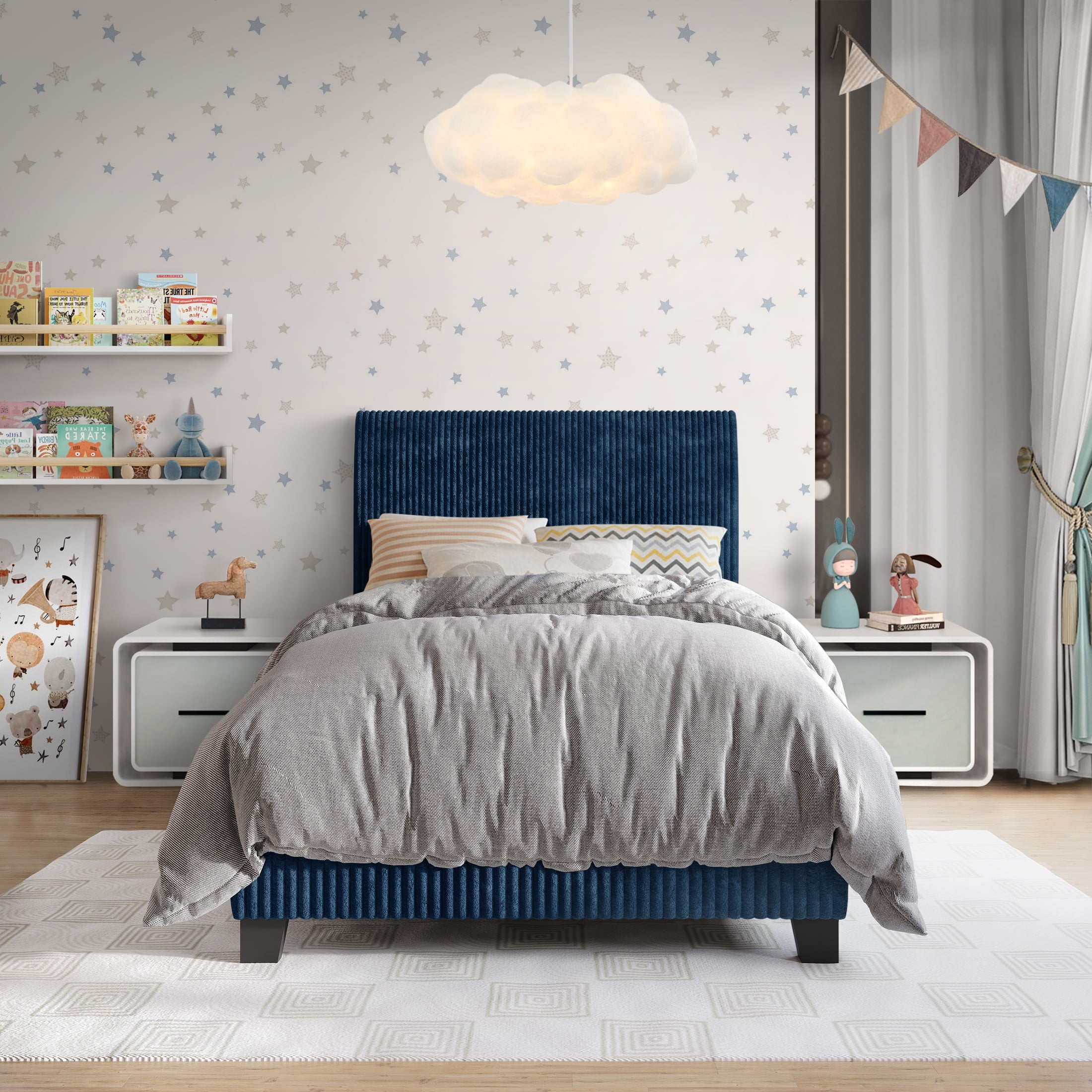 Castle Place Chic Corduroy Velvet Upholstered Twin Bed, Navy Blue ...