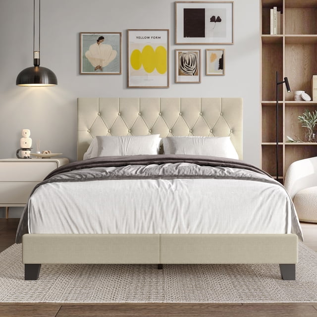 Castle Place Classic Button Tufted Linen Upholstered Bed, Beige, King ...