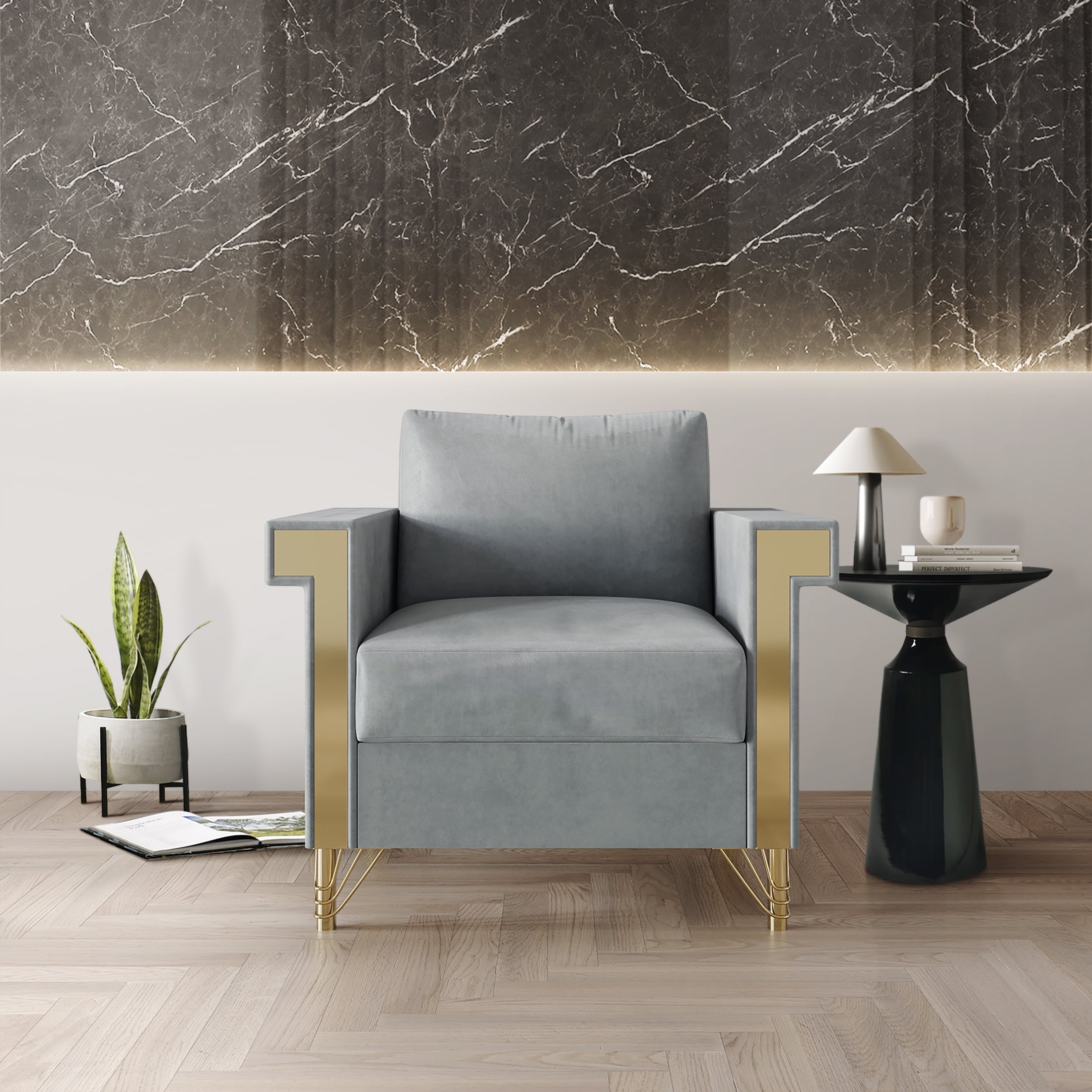 Castle Place Comtemporary Glam Velvet Upholstered Armchair, Silver Grey ...
