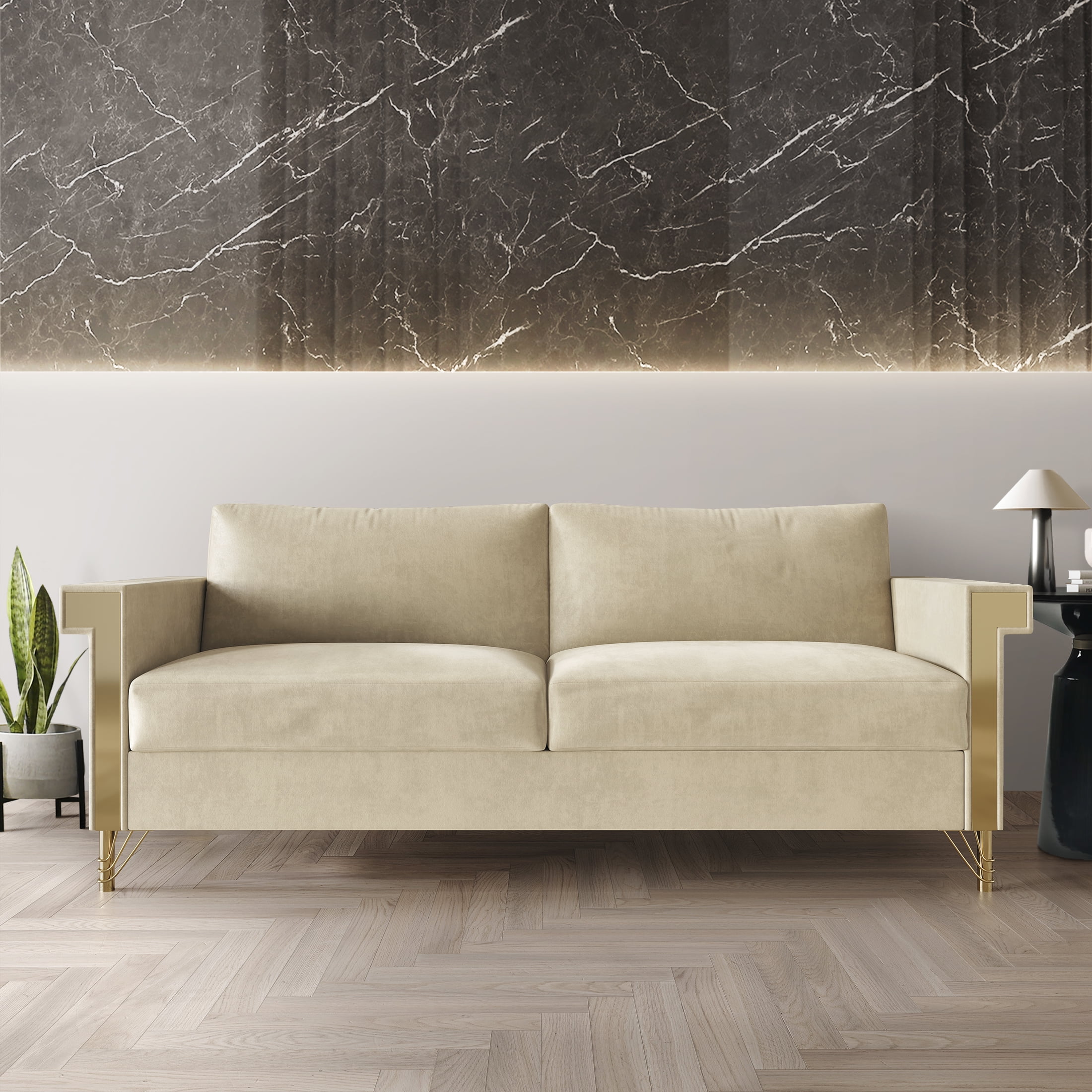 Castle Place Comtemporary Glam Velvet Upholstered Sofa, Champagne ...