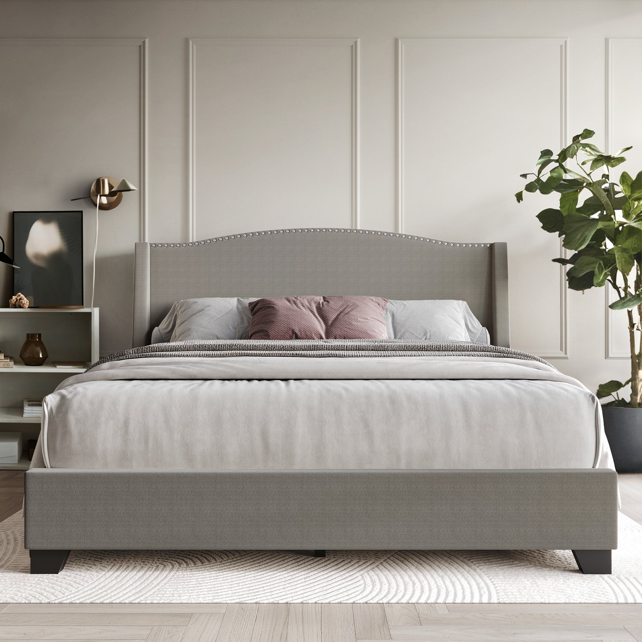 Castle Place Elegant Linen Full Platform Bed with Storage, Light Grey ...