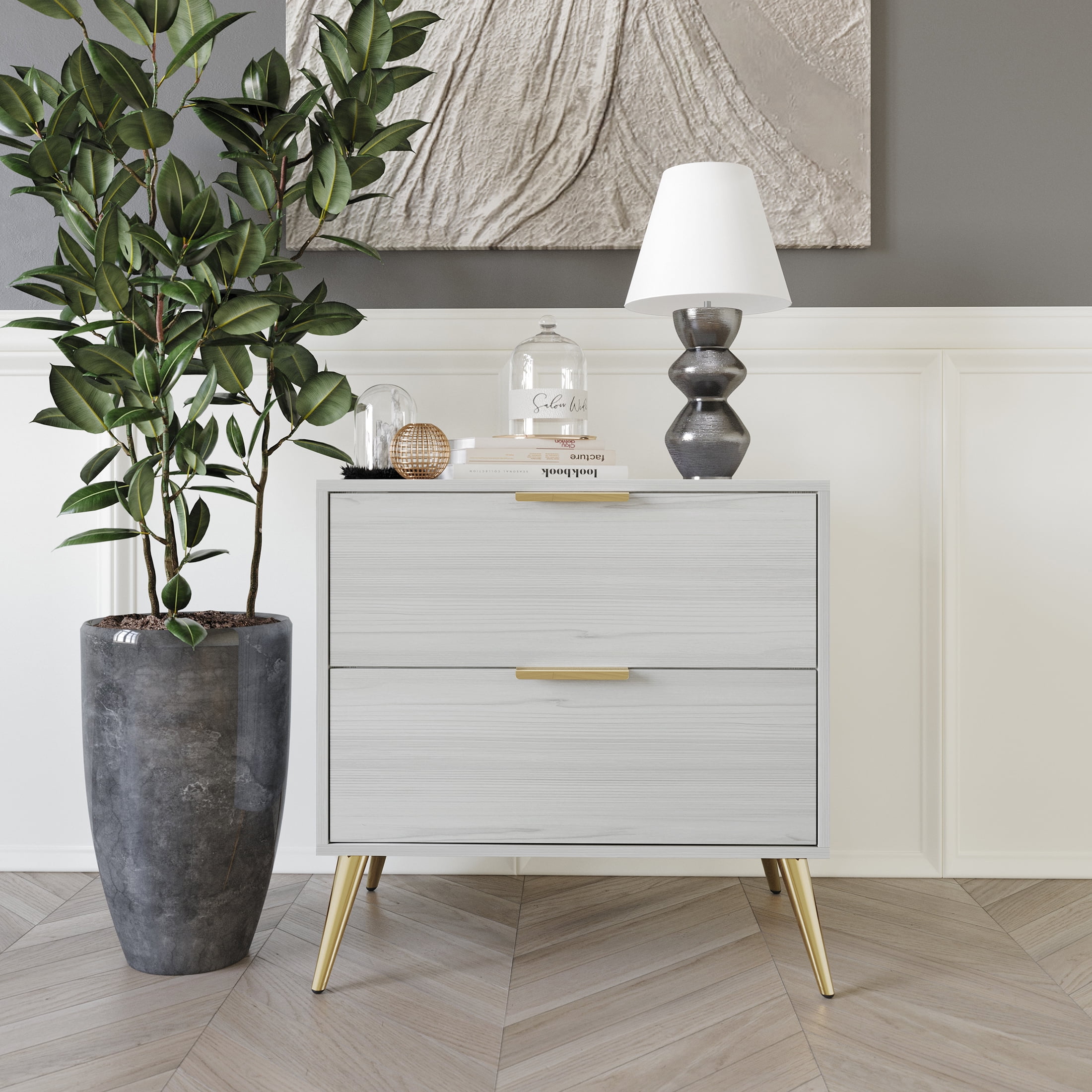 Castle Place Glam 2 Drawers Wooden Nightstand, Light Grey - Walmart.com
