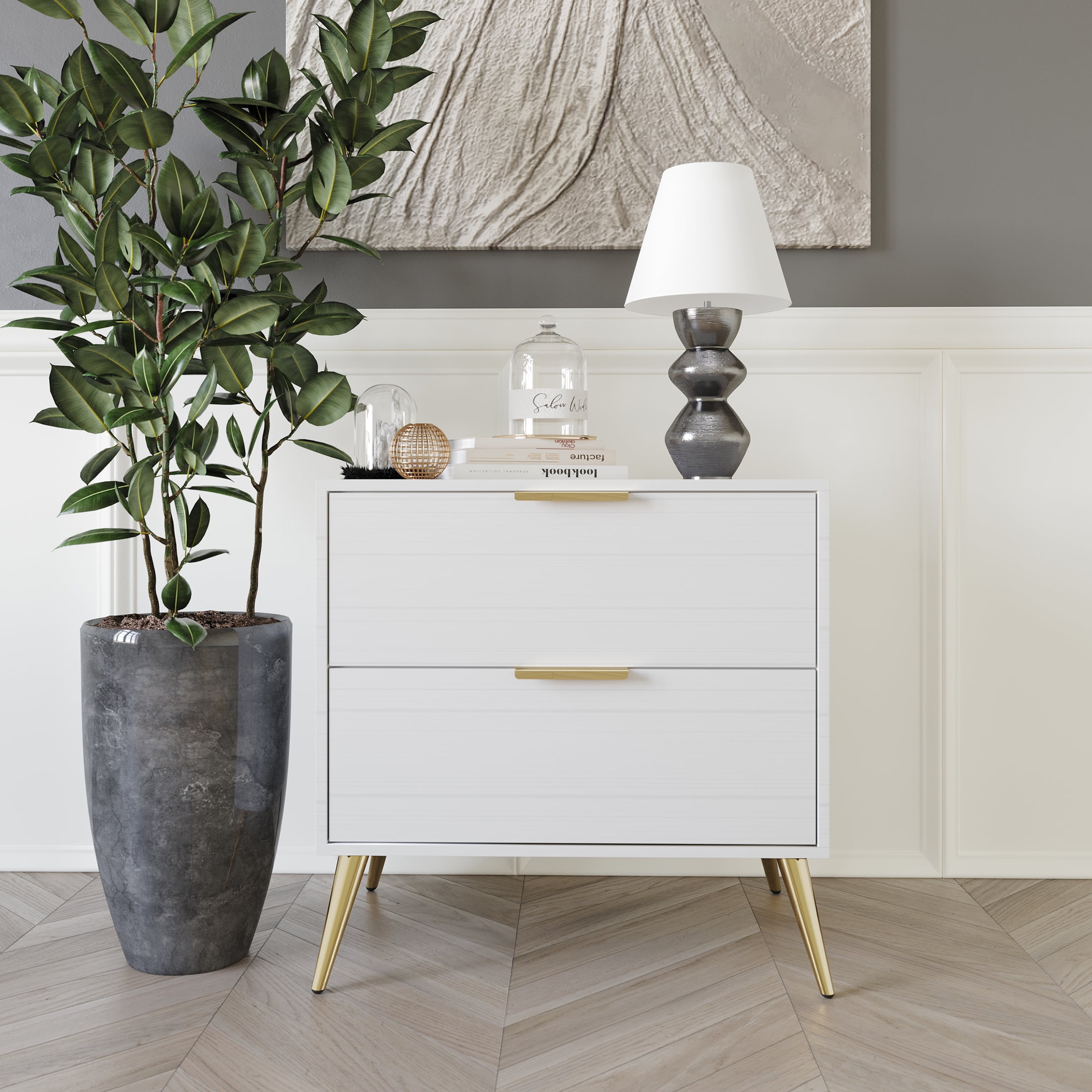 Castle Place Glam 2 Drawers Wooden Nightstand, Whte - Walmart.com