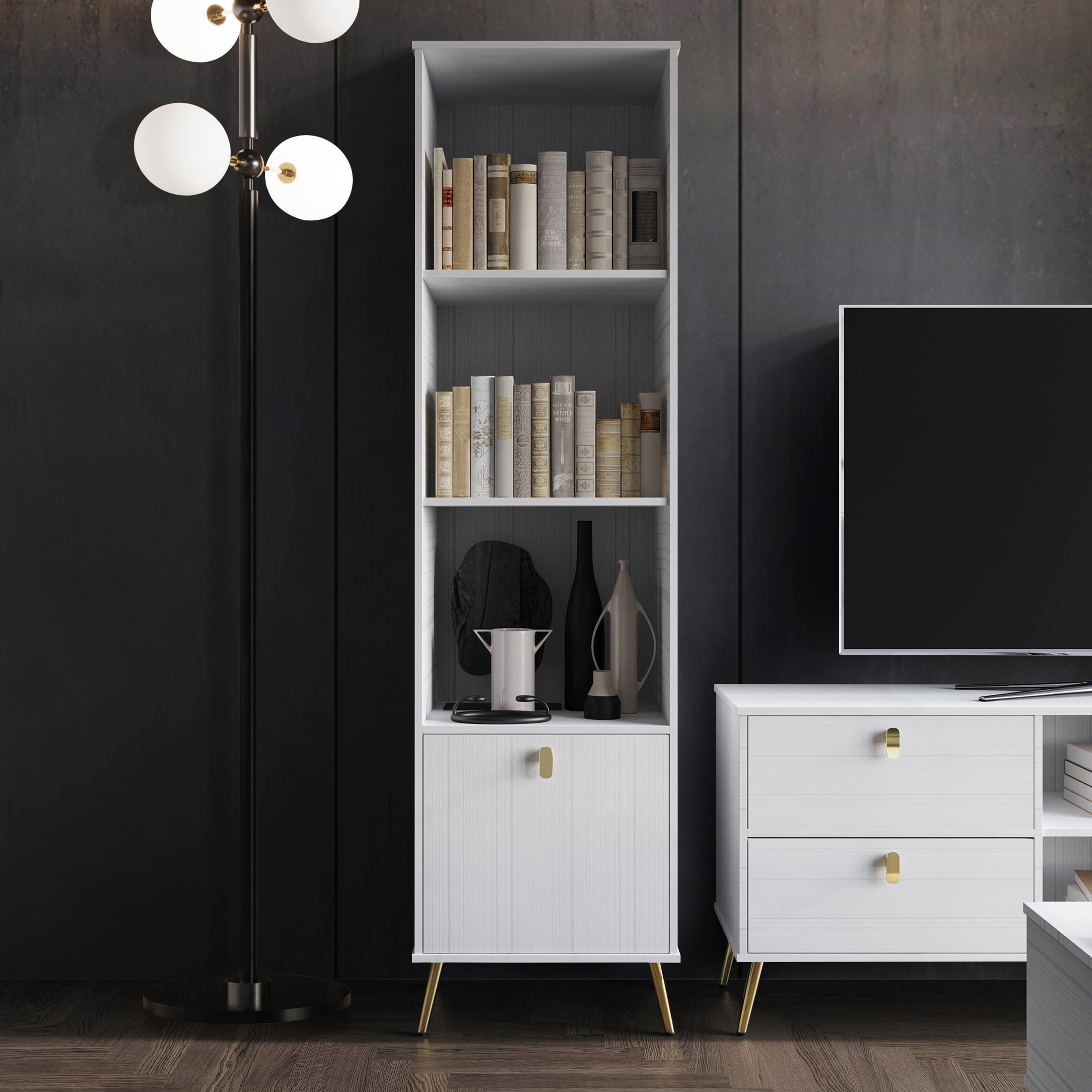 Castle Place Glam 3 Shelf Bookcase with Gold Metal Legs, White ...