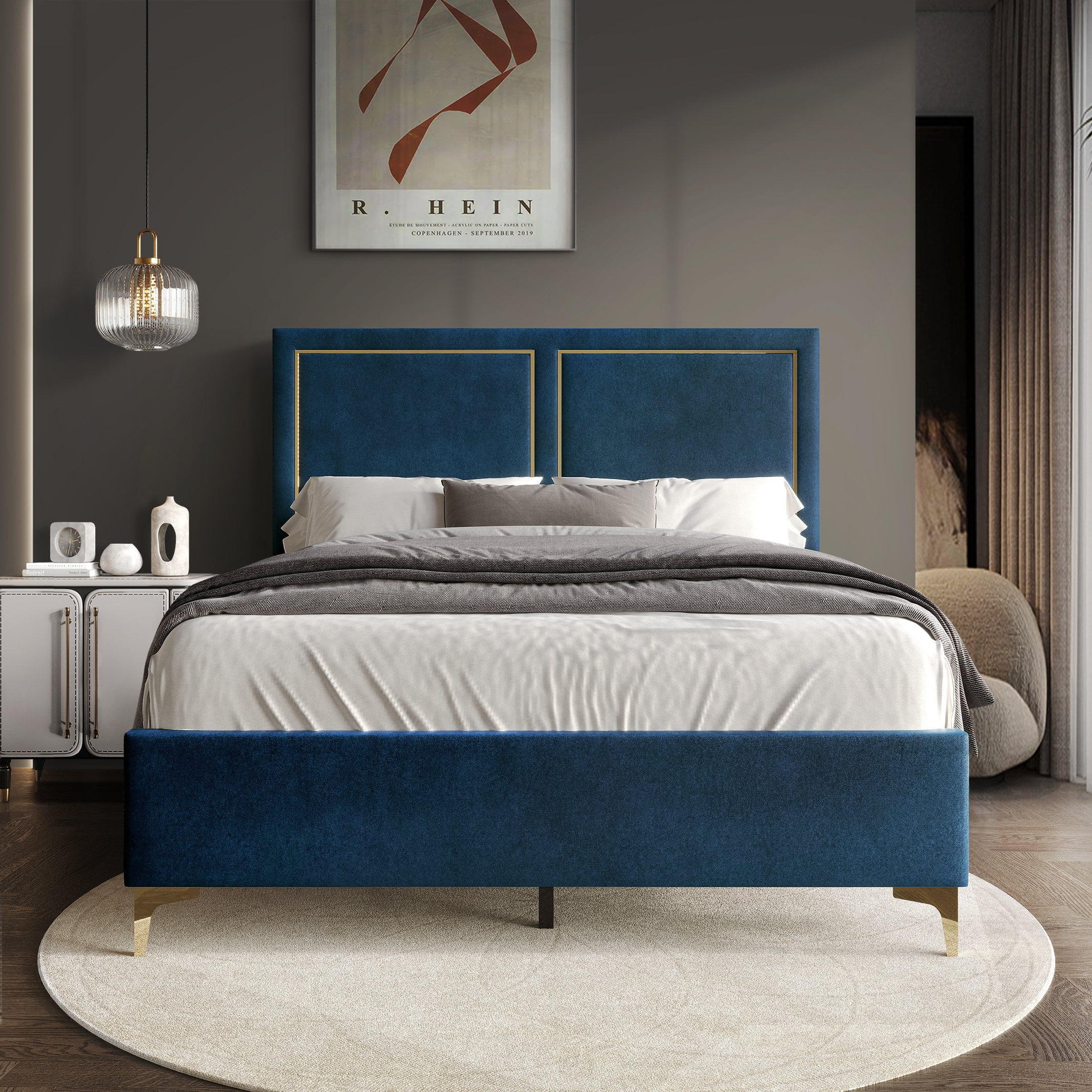 CASTLE PLACE Queen Bed Navy Blue Velvet Upholstered with Gold Strip ...