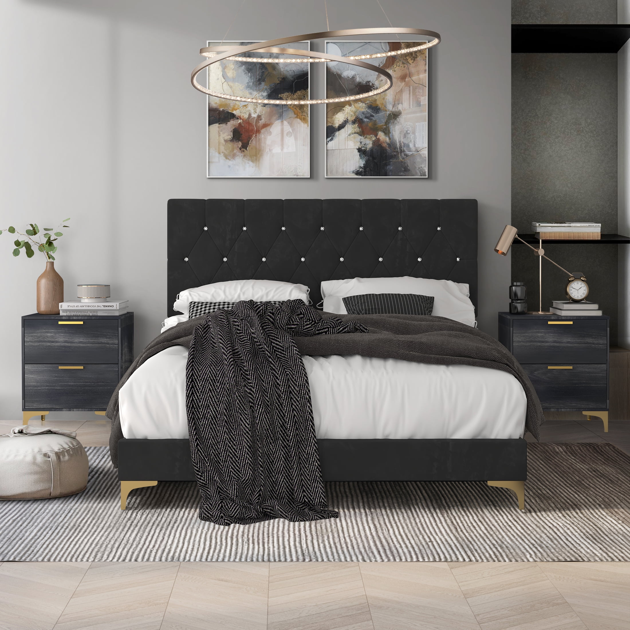 Castle Place Luxurious Crystal Velvet Upholstered King Bed With 2 ...