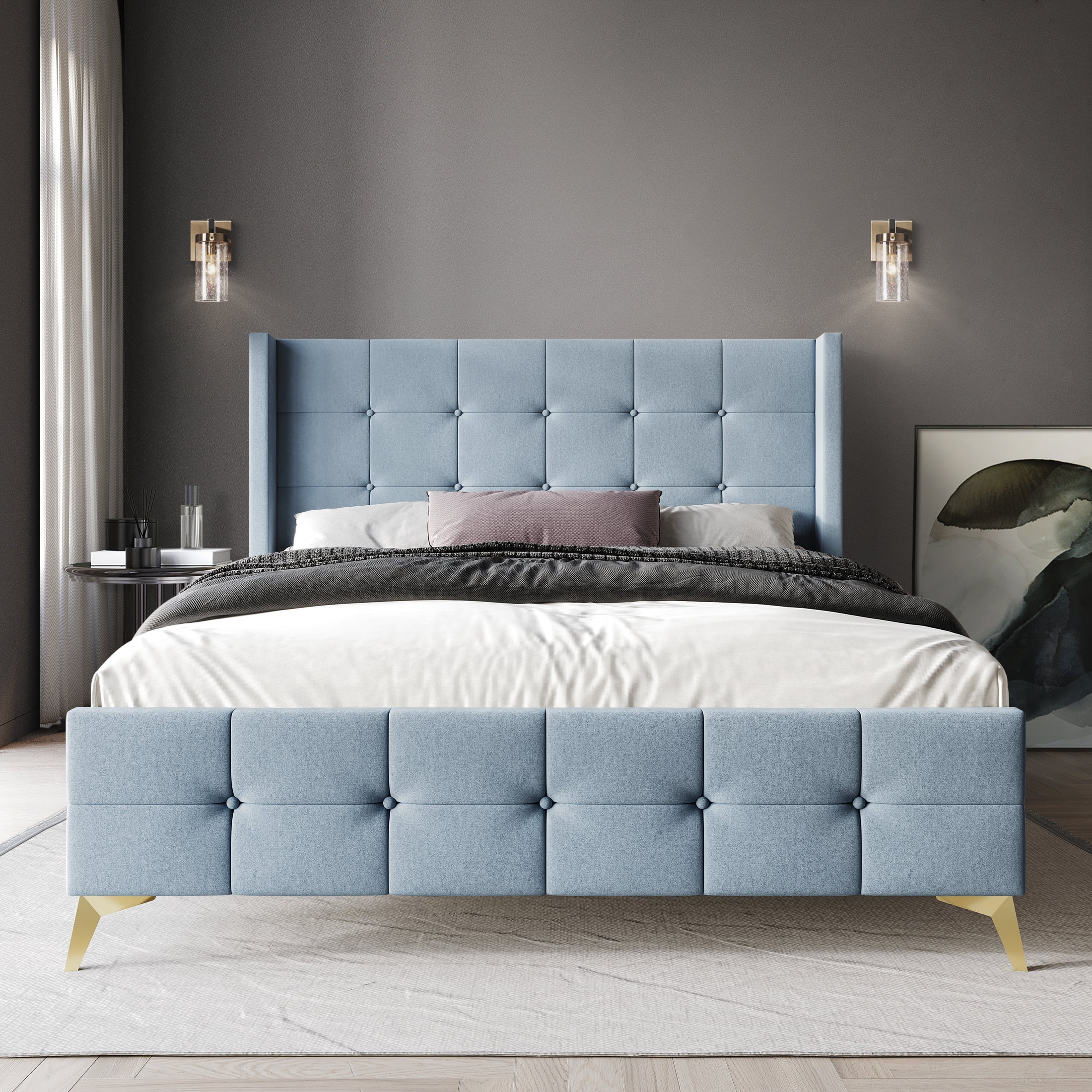 Castle Place Luxury Glam King Size Velvet Upholstered Bed, Light Blue ...