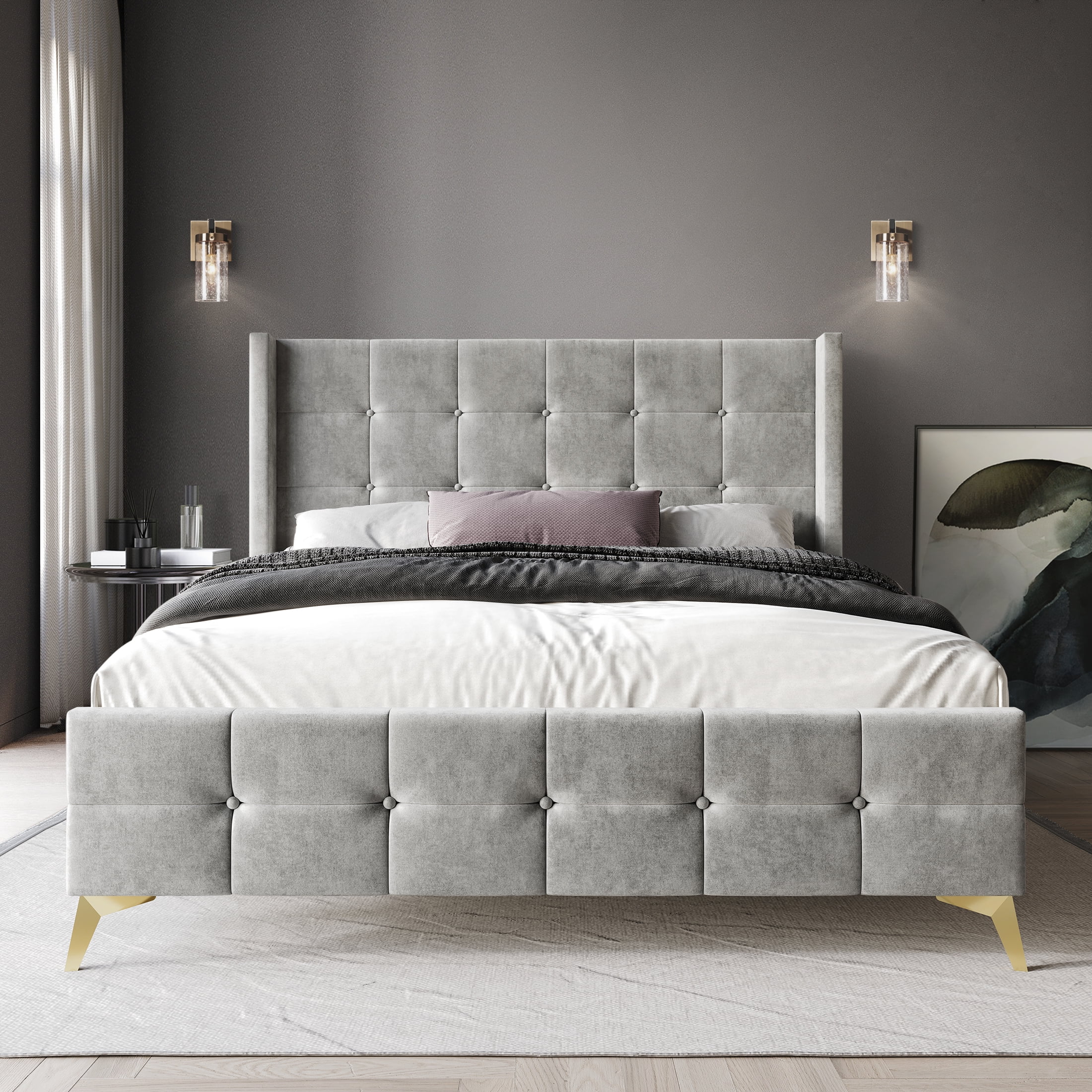 Grey velvet bed frame king store