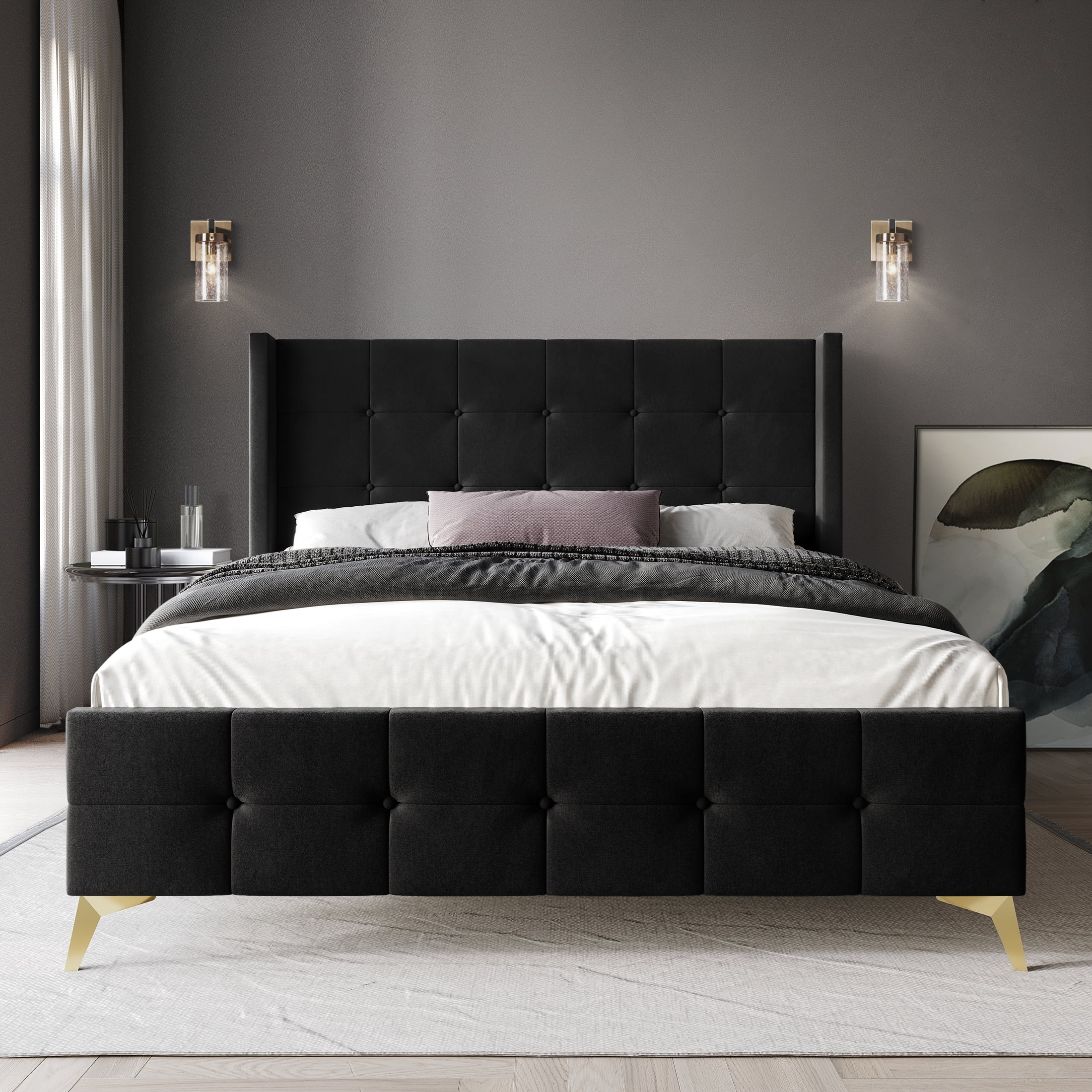 CraftPorch Luxurious Square Button Tufted Wingback Velvet Upholstered Bed Black Queen