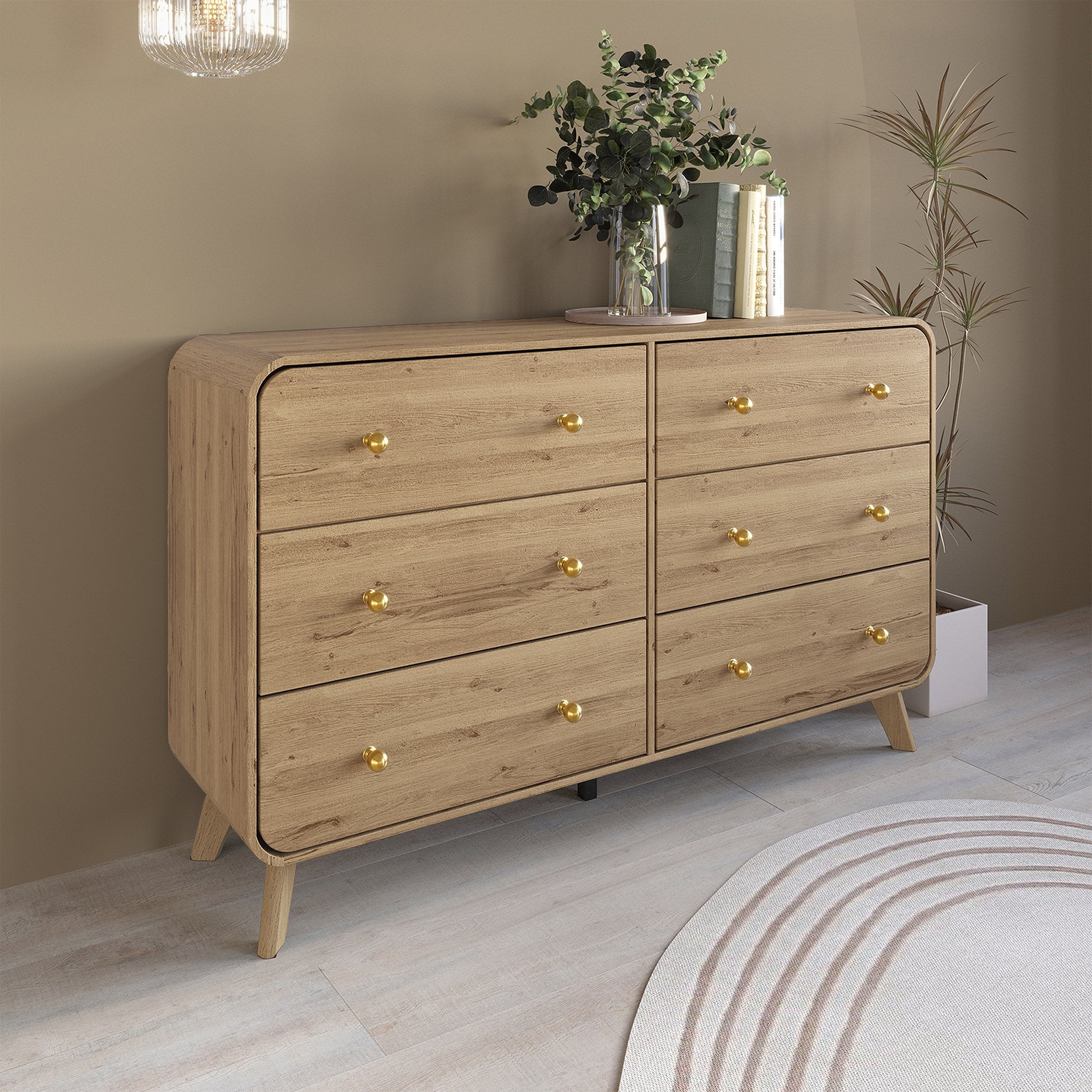 Castle Place Mid-Century 6 Drawer Wooden Dresser, Light Oak - Walmart.com