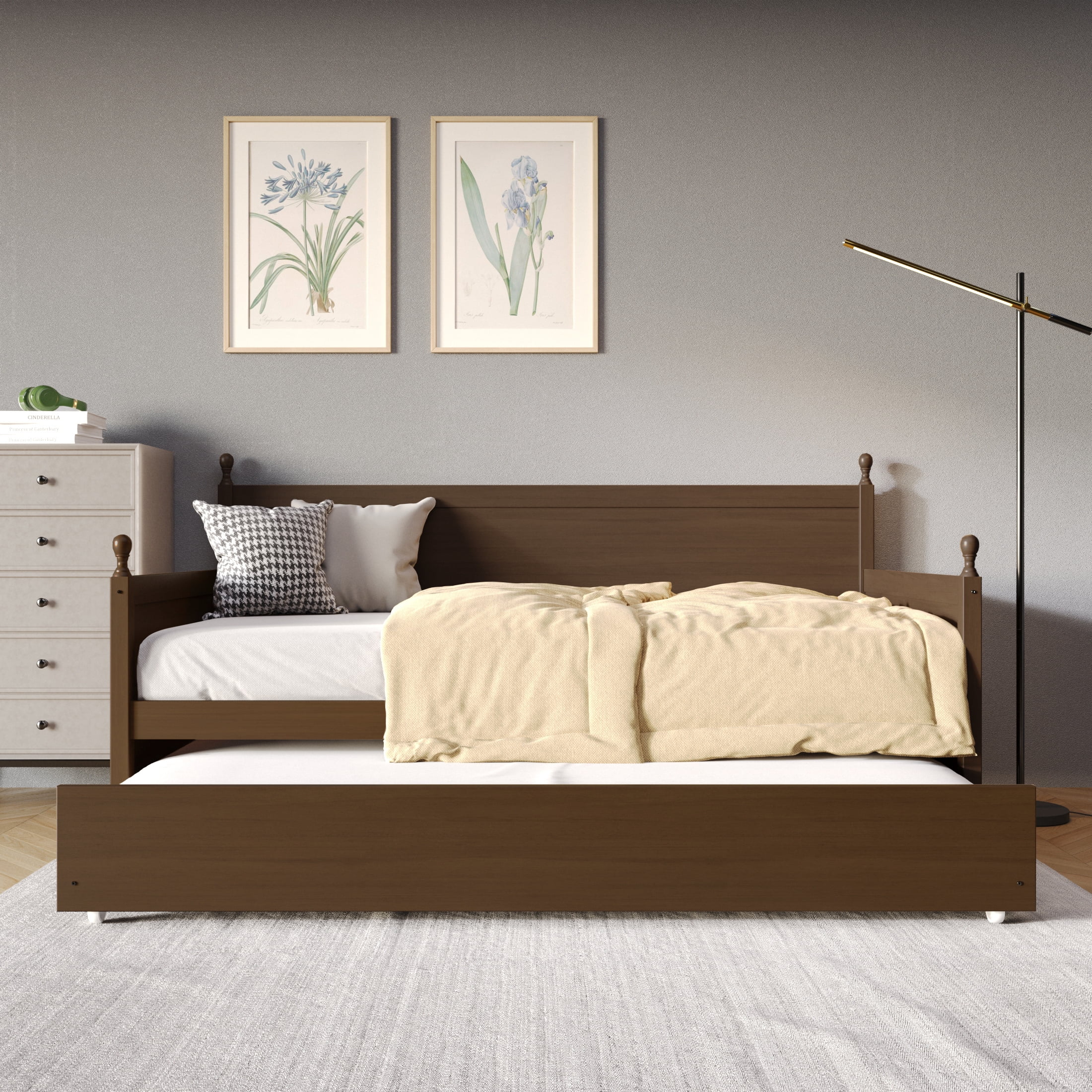 Castle Place Mid Century Expandable Twin Size Wooden Daybed With Trundle Walnut Walmart