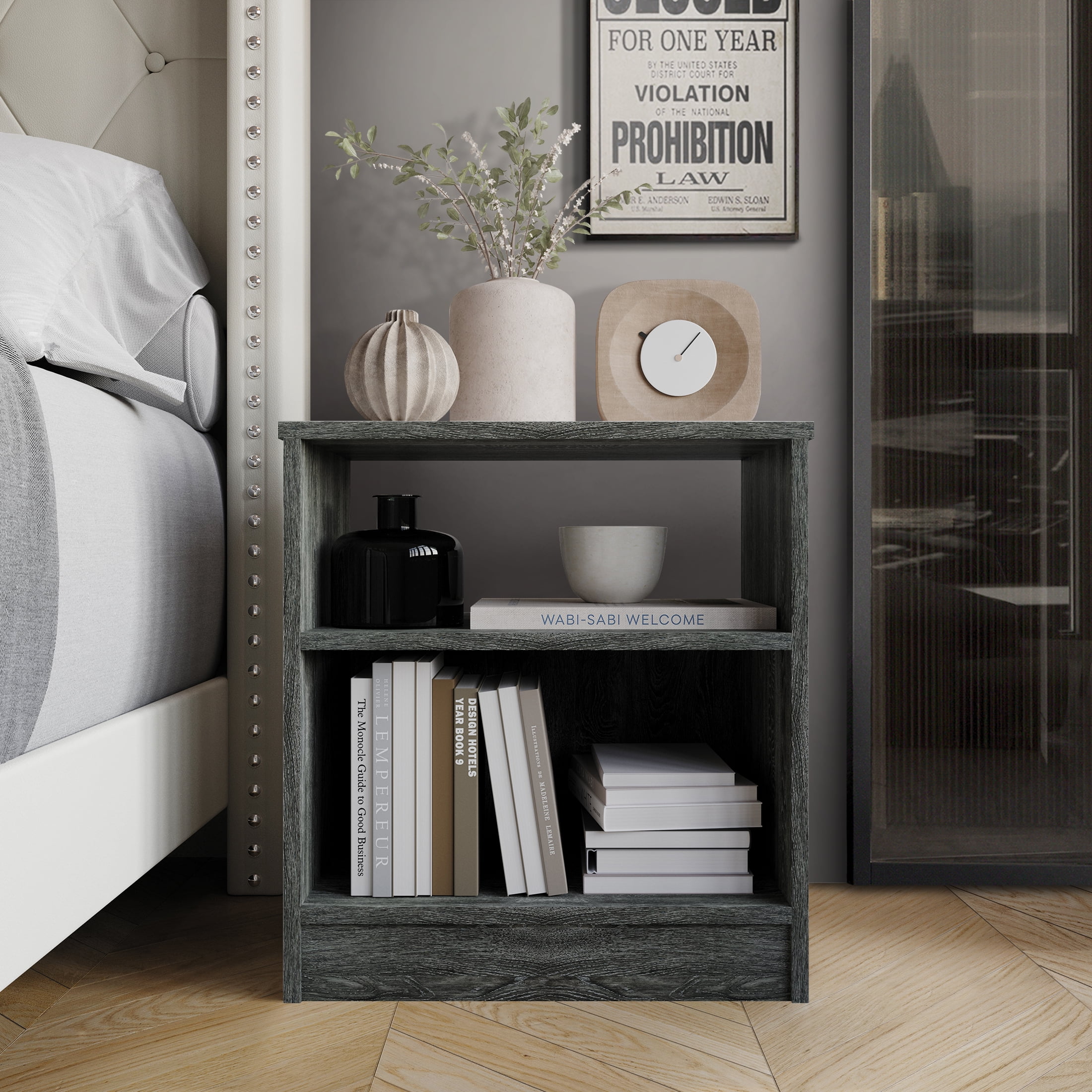 CASTLE PLACE Nightstand with Shelf, Dark Gray Wood - Minimalist Design ...