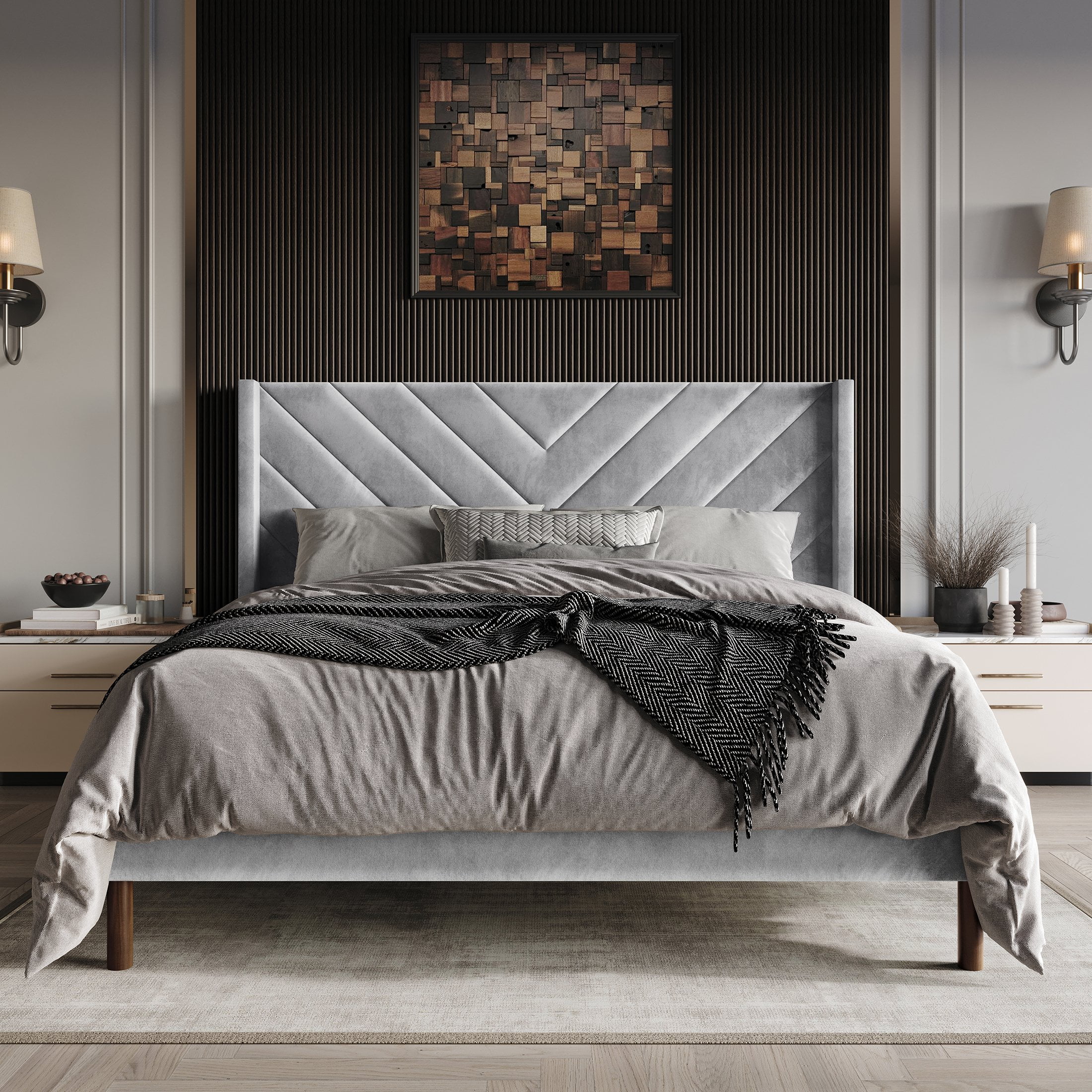 Castle Place Modern Glam Velvet Upholstered Wingback Queen Bed, Silver ...