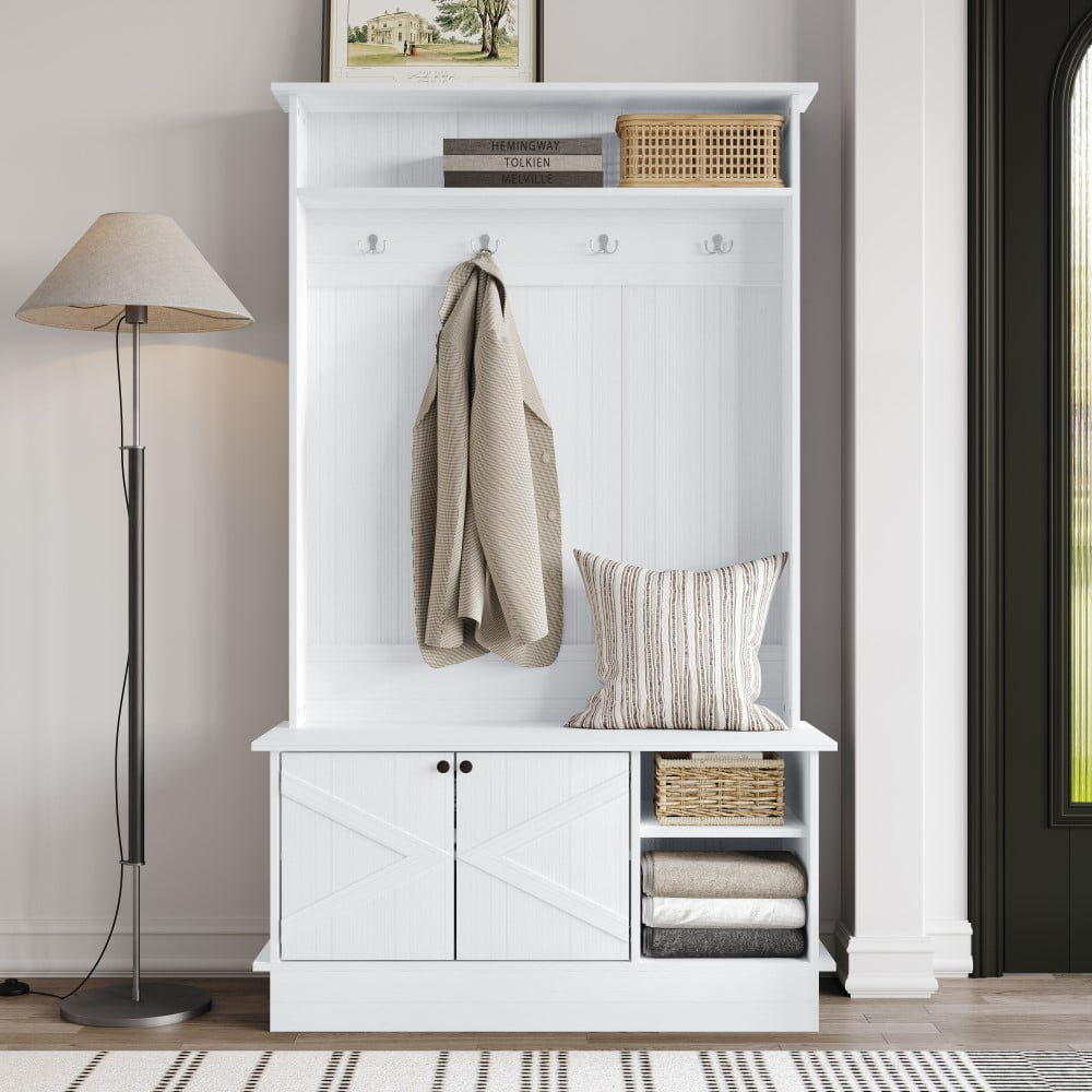 Castle Place Modern Hall Tree with Storage Cabinet, White - Walmart.com