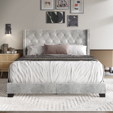 Home Design Brady Upholstered Tufted Wingback Panel Bed Frame Silver ...