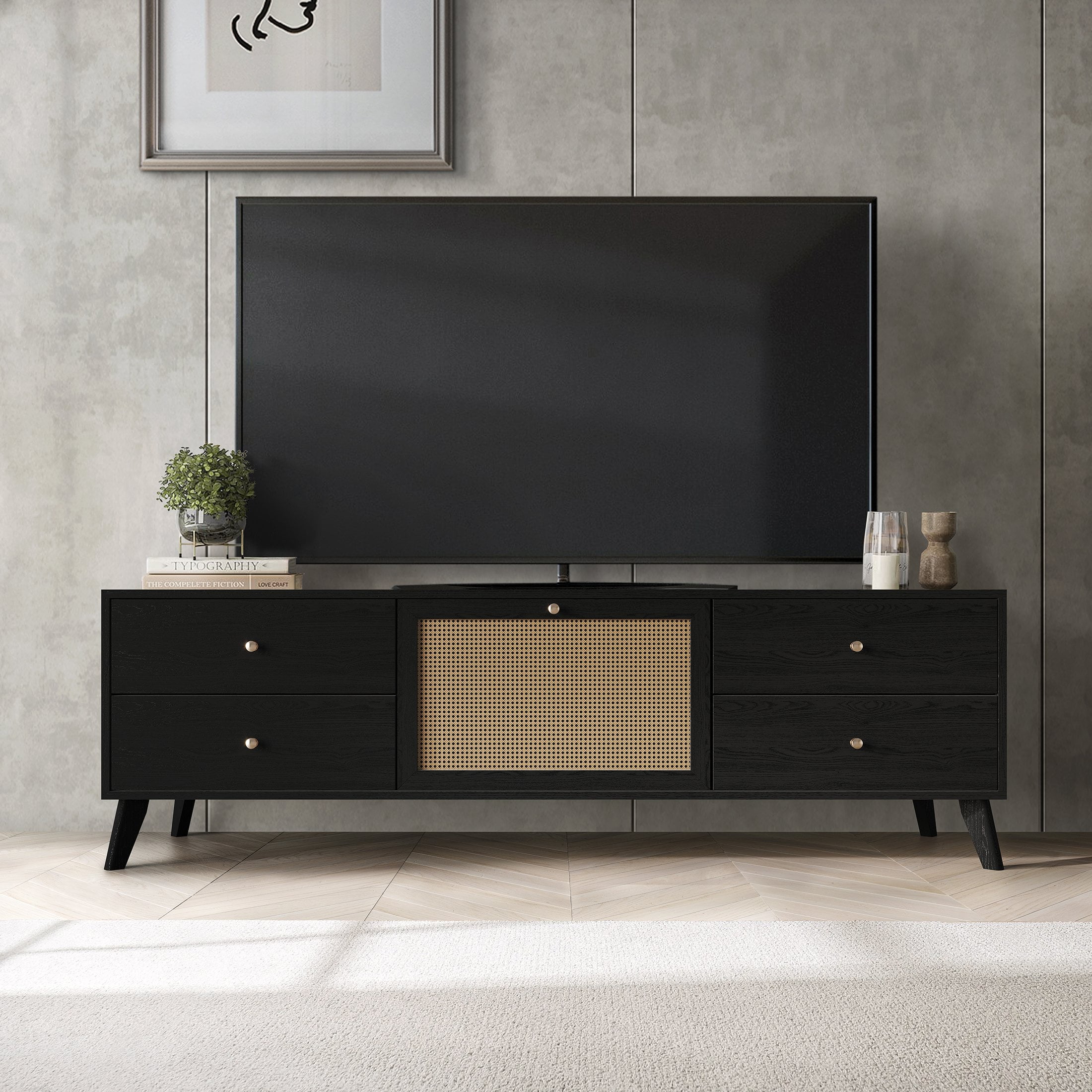 Castle Place Rattan 63 TV Stand Console - Black - Walmart.com