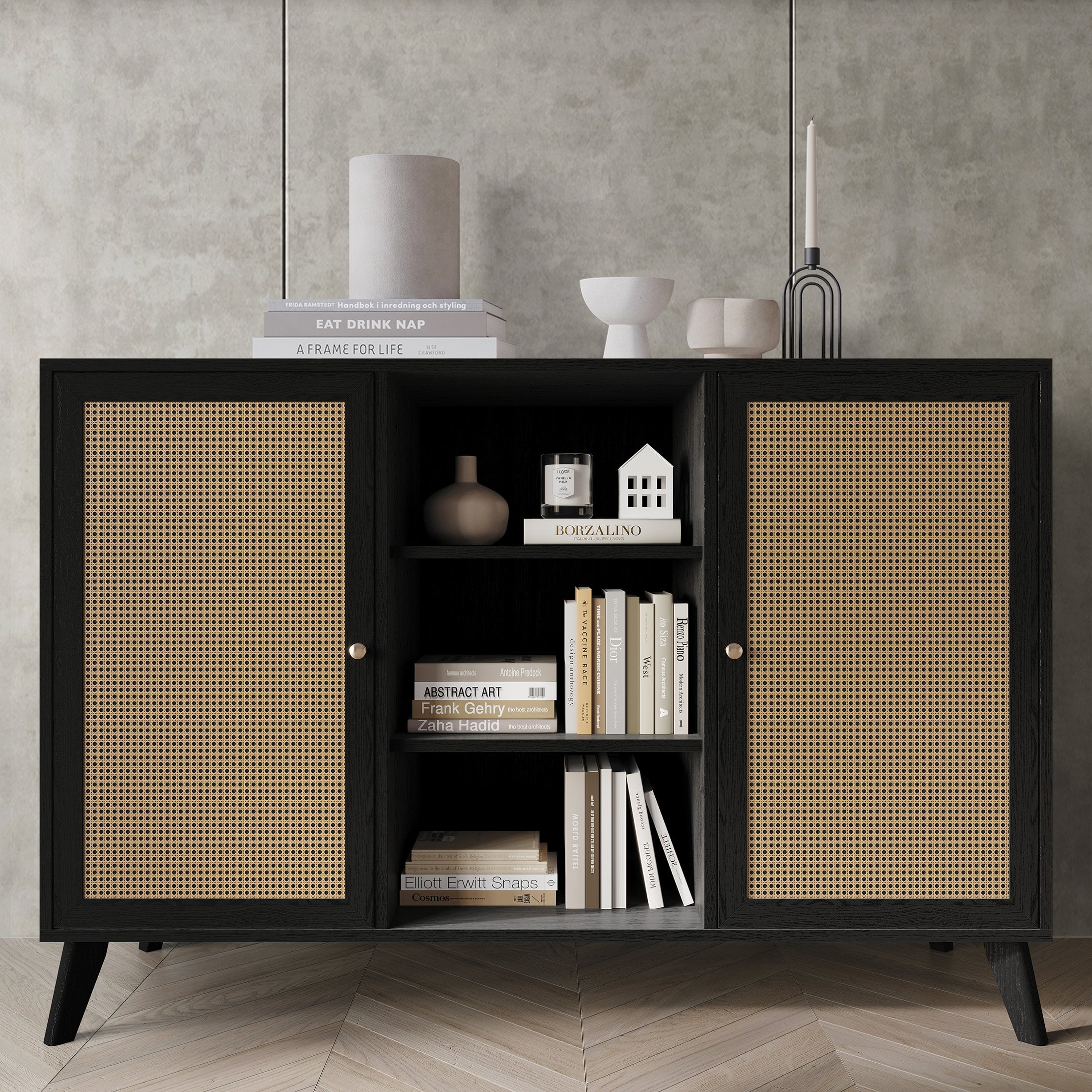 CASTLE PLACE Modern Rattan Sideboard Cabinet with Cane Doors, Wood ...
