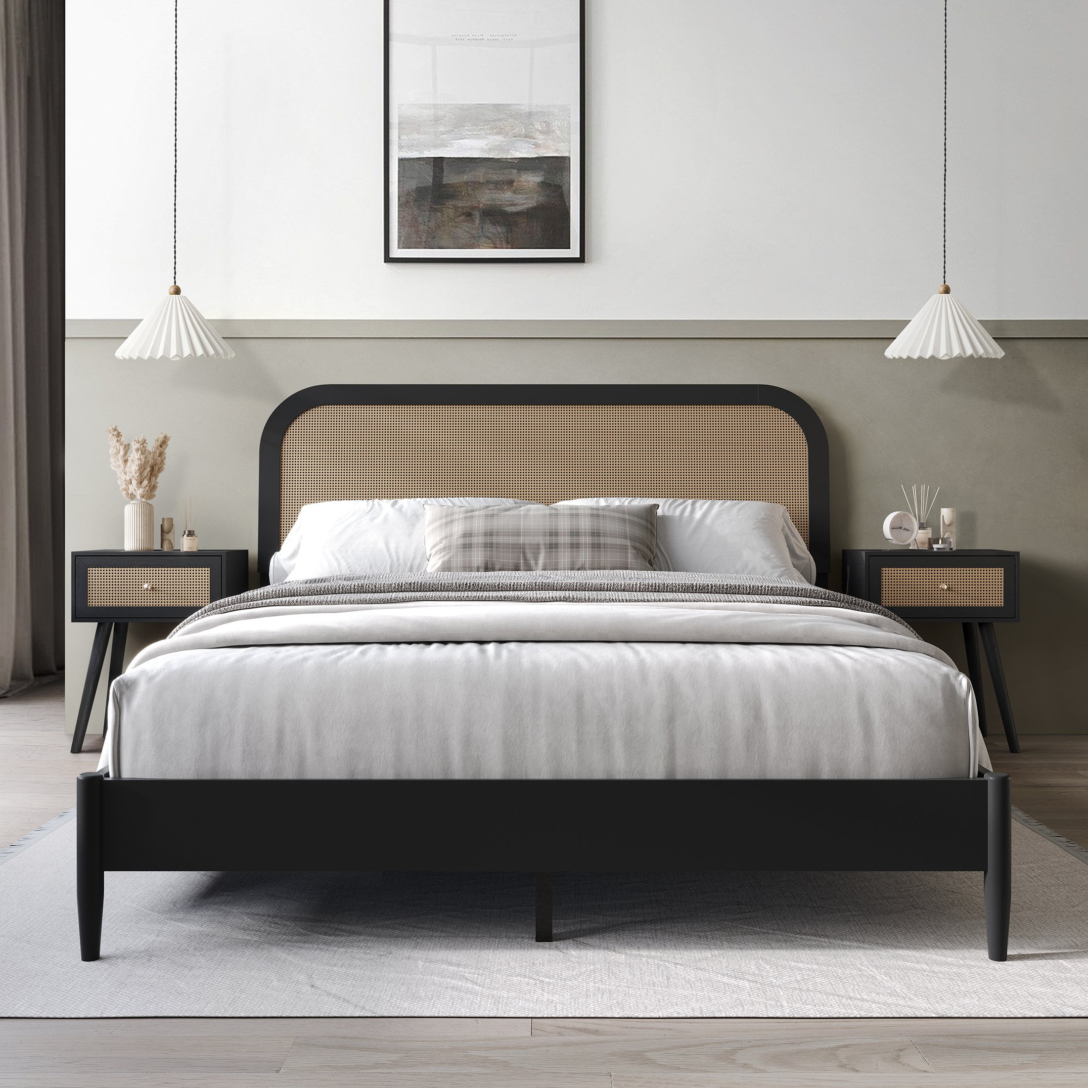 CASTLE PLACE King Platform Bed with 2 Nightstands, Black Rattan Wood ...