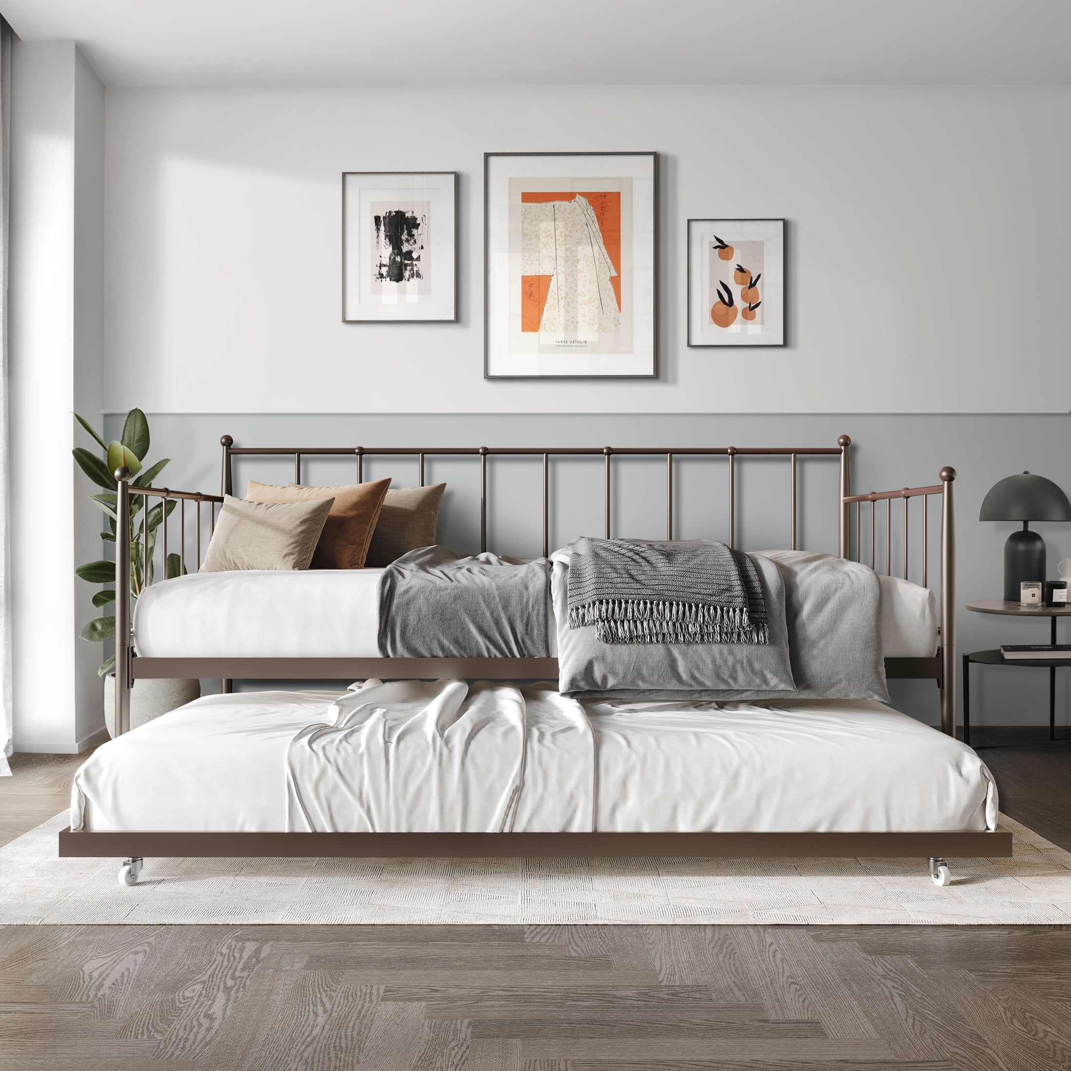 Castle Place Sleek Twin Size Metal Daybed with Trundle, Brown - Walmart.com