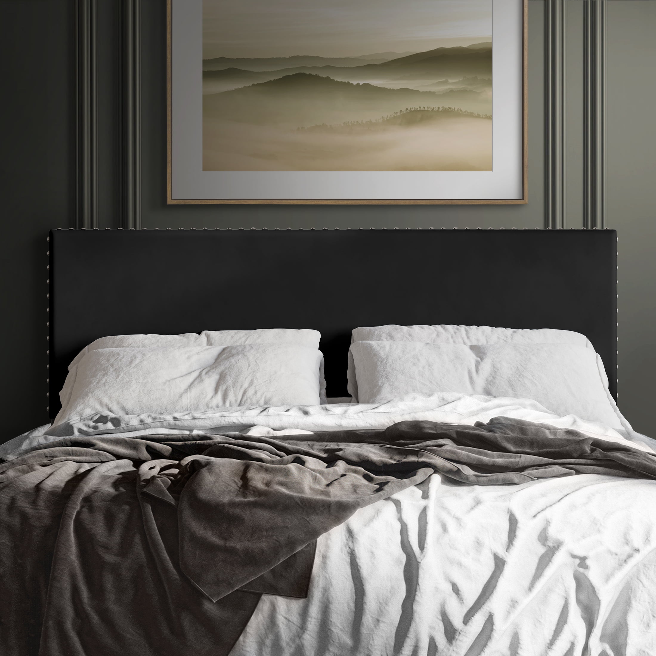 Castle Place Upholstered Nailhead Trim Velvet Headboard, Black, Queen ...