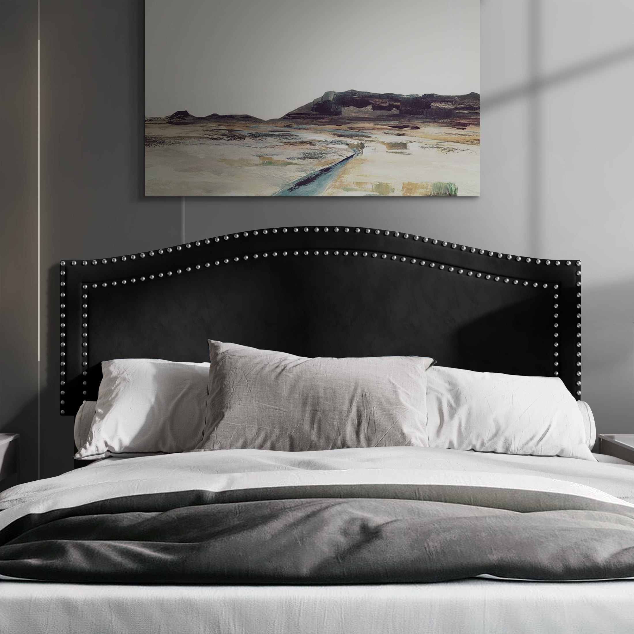Castle Place Upholstered Nailhead Trimmed Headboard, Black Velvet ...